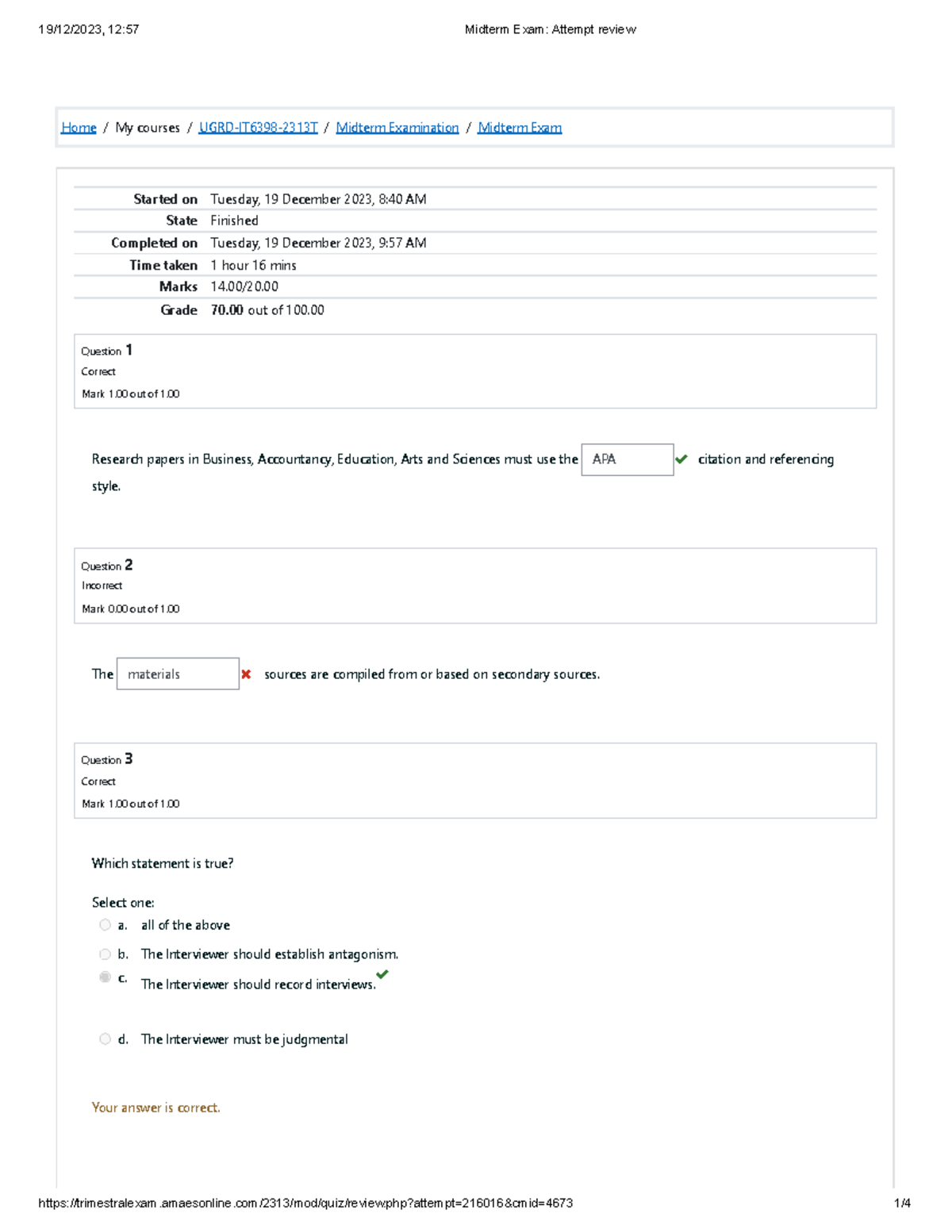 Midterm Exam Attempt review 1 - Home / My courses / UGRD-IT6398-2313T ...
