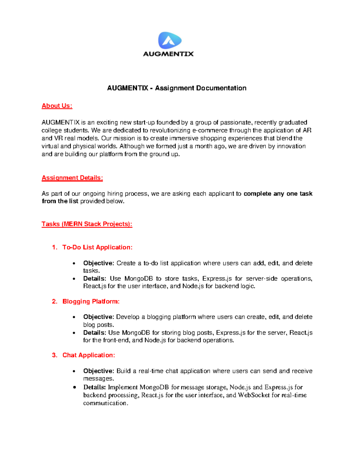 Augmentix - Assignment - AUGMENTIX - Assignment Documentation About Us: AUGMENTIX is an exciting ...