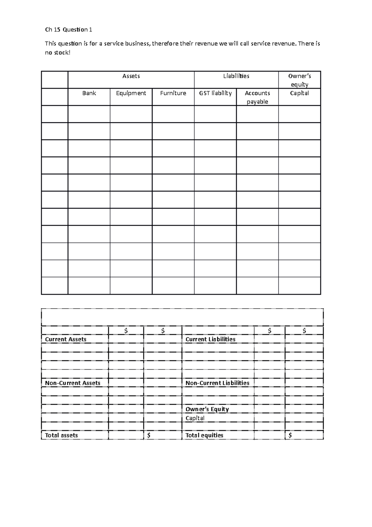 Ch 15 worksheets - Jane Kypreos - This question is for a service ...