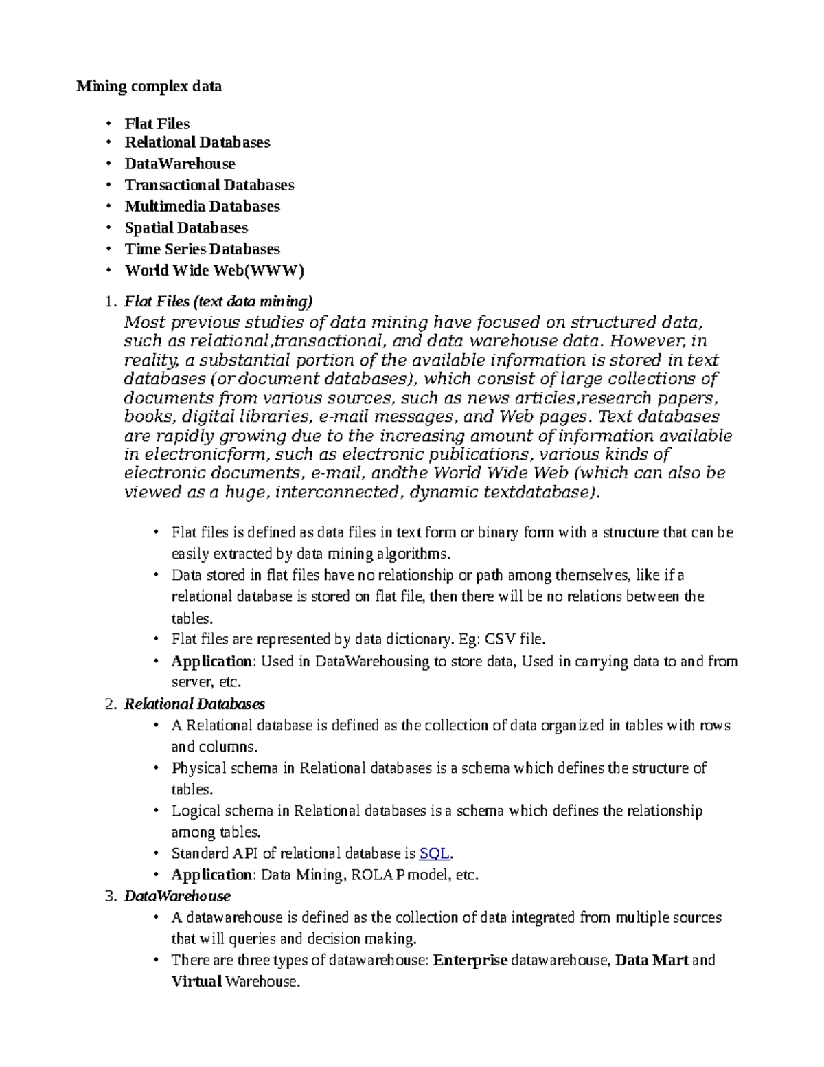 Yourdocument Data Mining Notes Mining Complex Data Flat Files Relational Databases