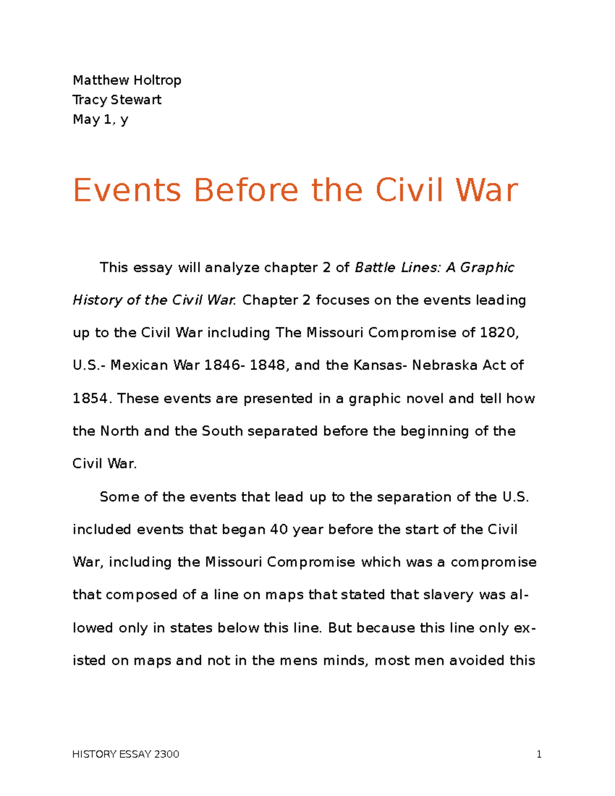Events Before Civil War - Matthew Holtrop Tracy Stewart August 26, y ...
