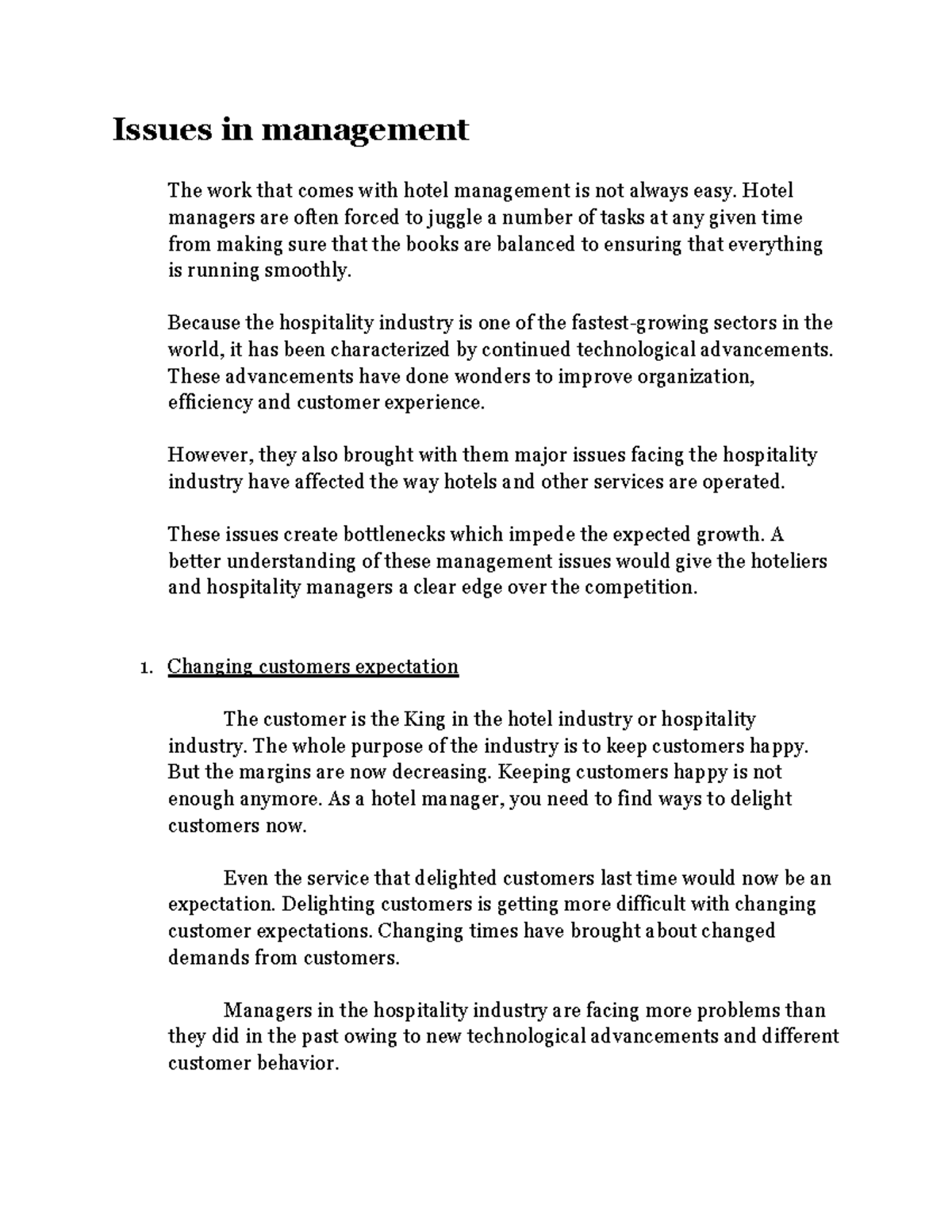 Issues in management - Hotel managers are often forced to juggle a ...