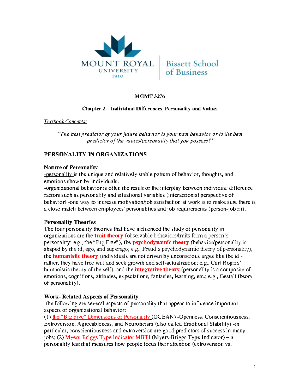 Chapter 2 notes - MGMT 3276 Chapter 2 – Individual Differences ...