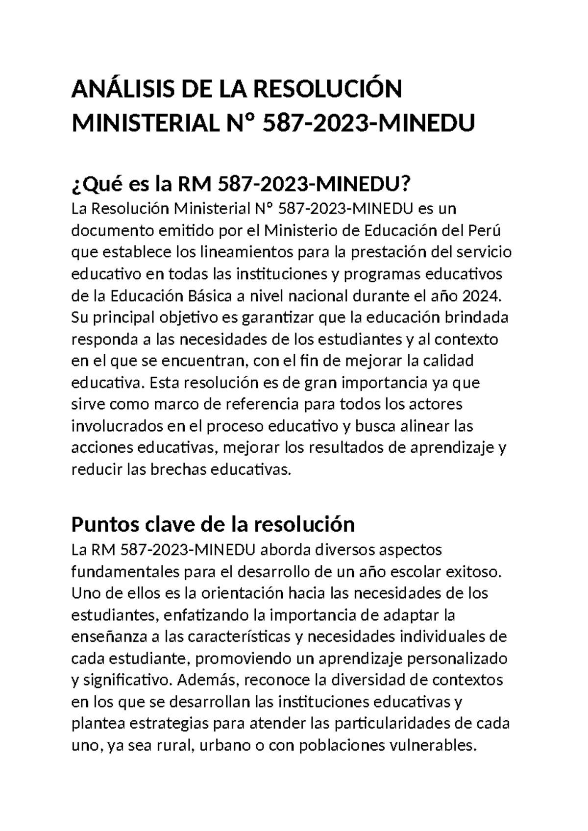 Análisis DE LA Resolución Ministerial Nº 587-2023- Minedu - ANÁLISIS DE LA RESOLUCIÓN ...