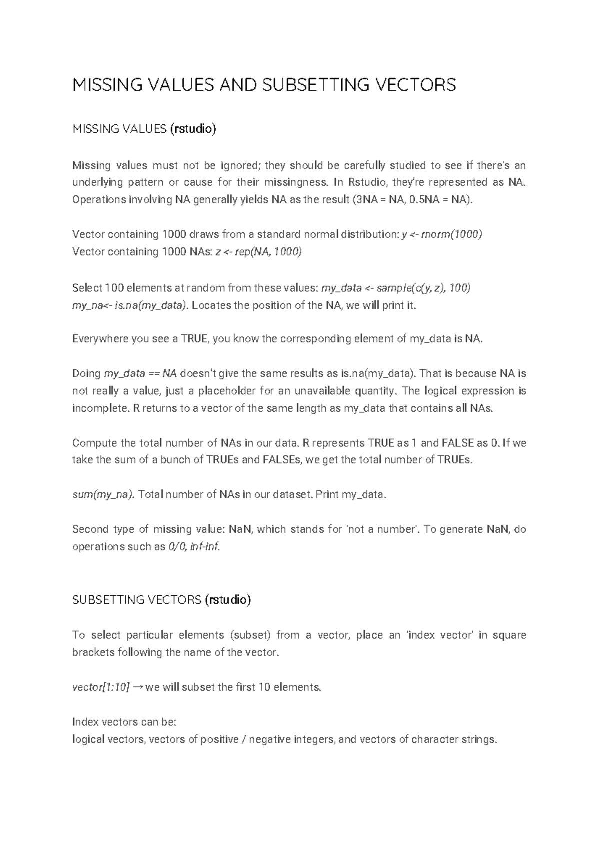 Missing Values and Subsetting Vectors - MISSING VALUES AND SUBSETTING ...