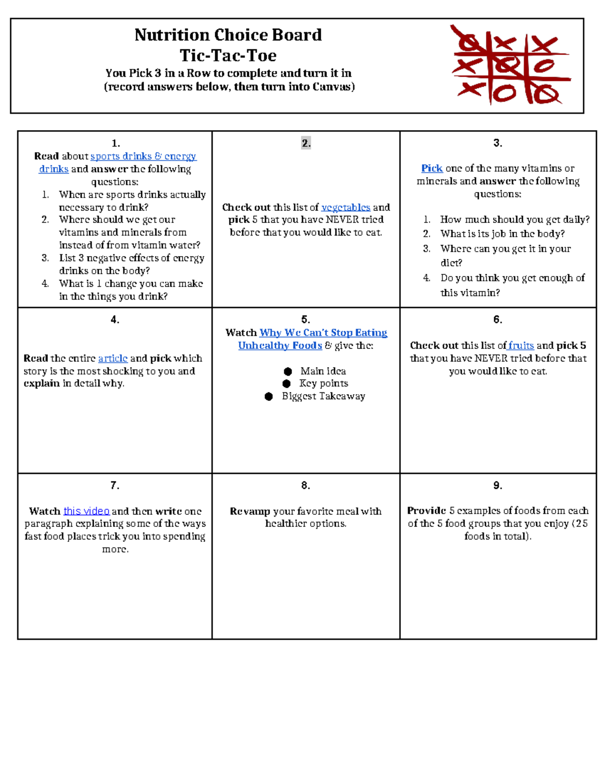 Nutrition Choice Board Tic-Tac-Toe-1 - Nutrition Choice Board Tic-Tac ...