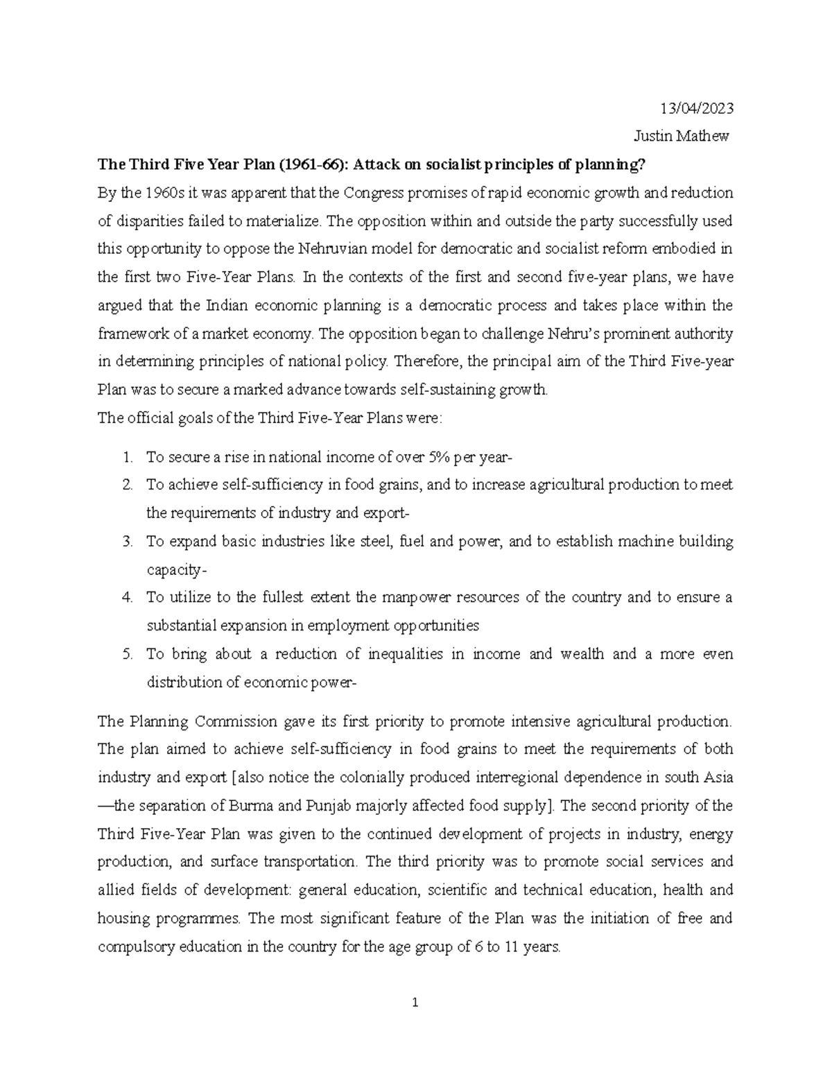 Worksheet 6 Economic Planningdocx - 13/04/ Justin Mathew The Third Five ...