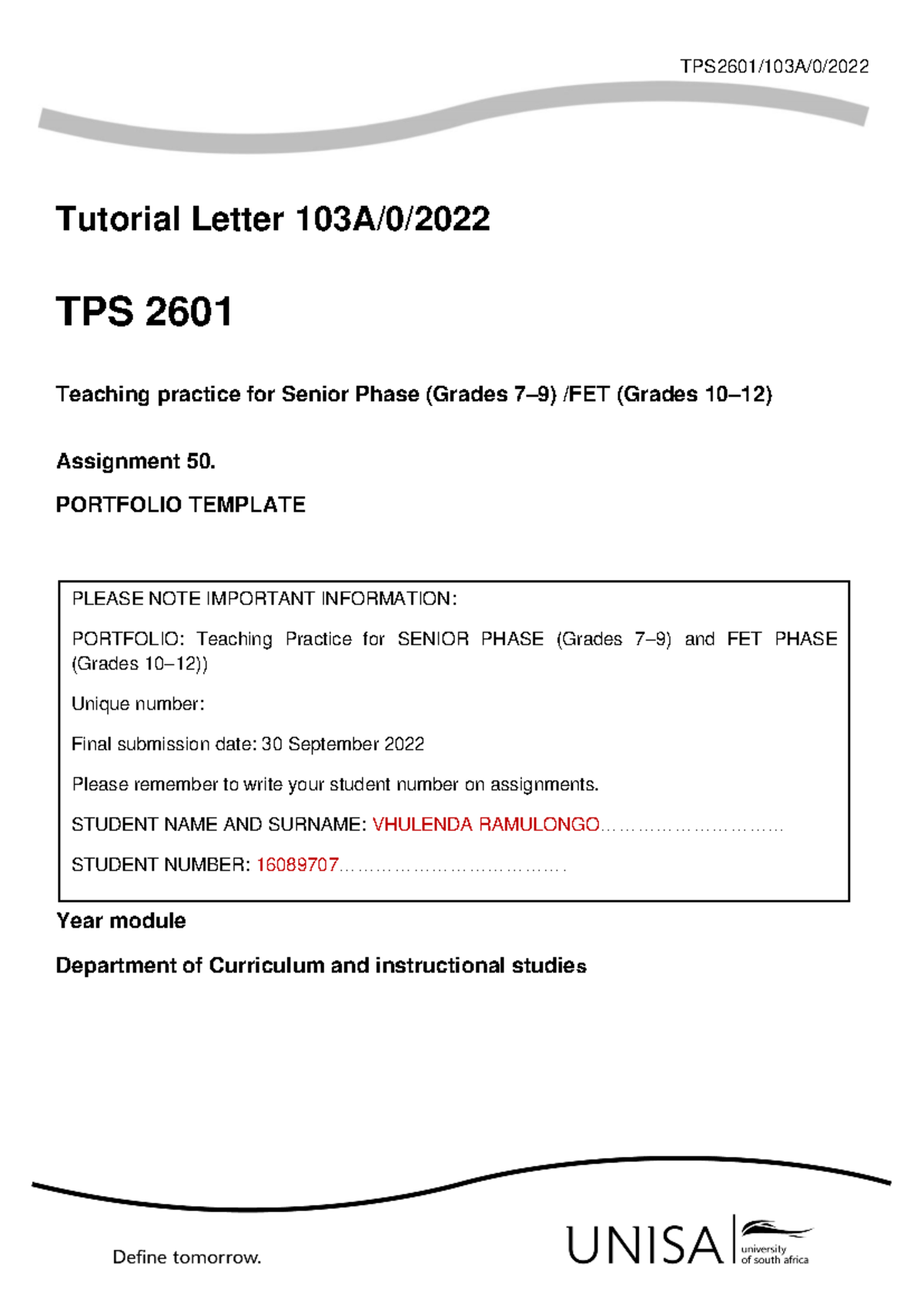 TUT Letter 103 Ramulongo V 16089707 - TPS2601/103A/0/ Tutorial Letter ...
