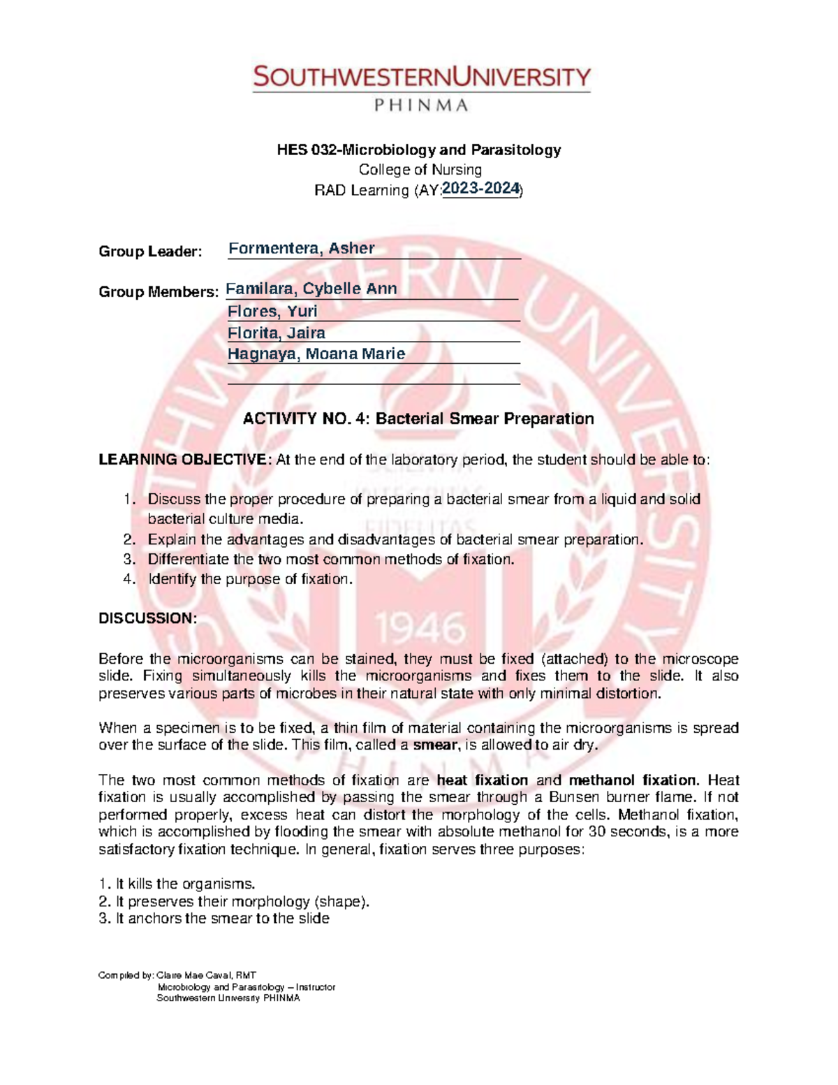 HES 032 BSN Lab Activity 4 Group 5 1 - Compiled by: Claire Mae Caval ...