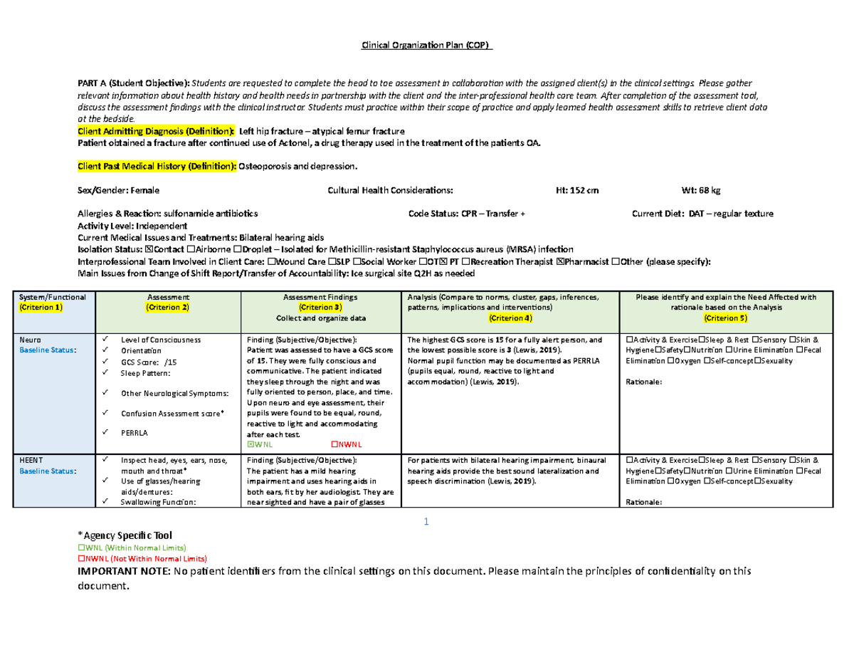Week 3 COP - weekly care plan - Clinical Organization Plan (COP) PART A ...