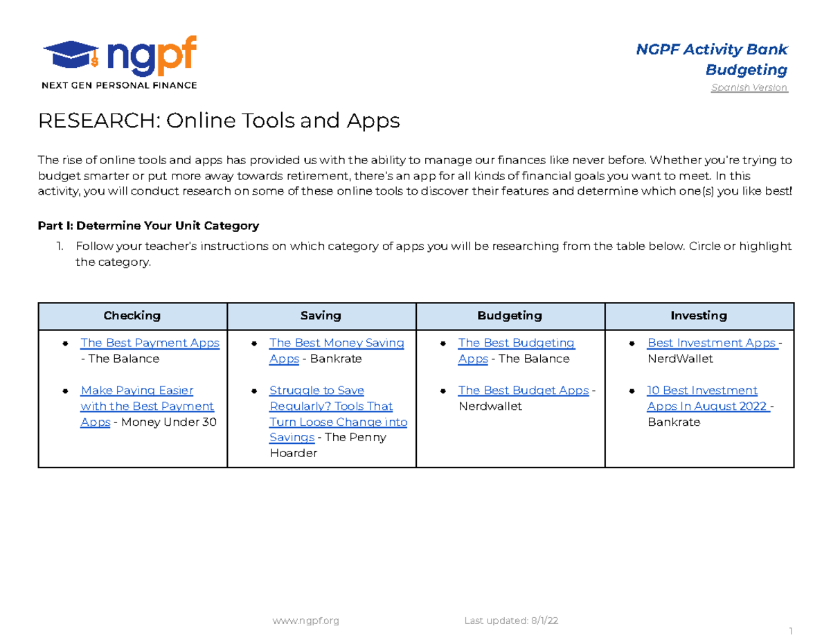 Research Online Tools and Apps - NGPF Activity Bank Budgeting Spanish ...