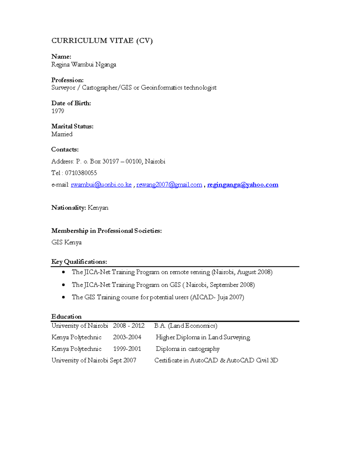 Regina cv - Sample of Curriculum Vitae for Survey Students - CURRICULUM ...
