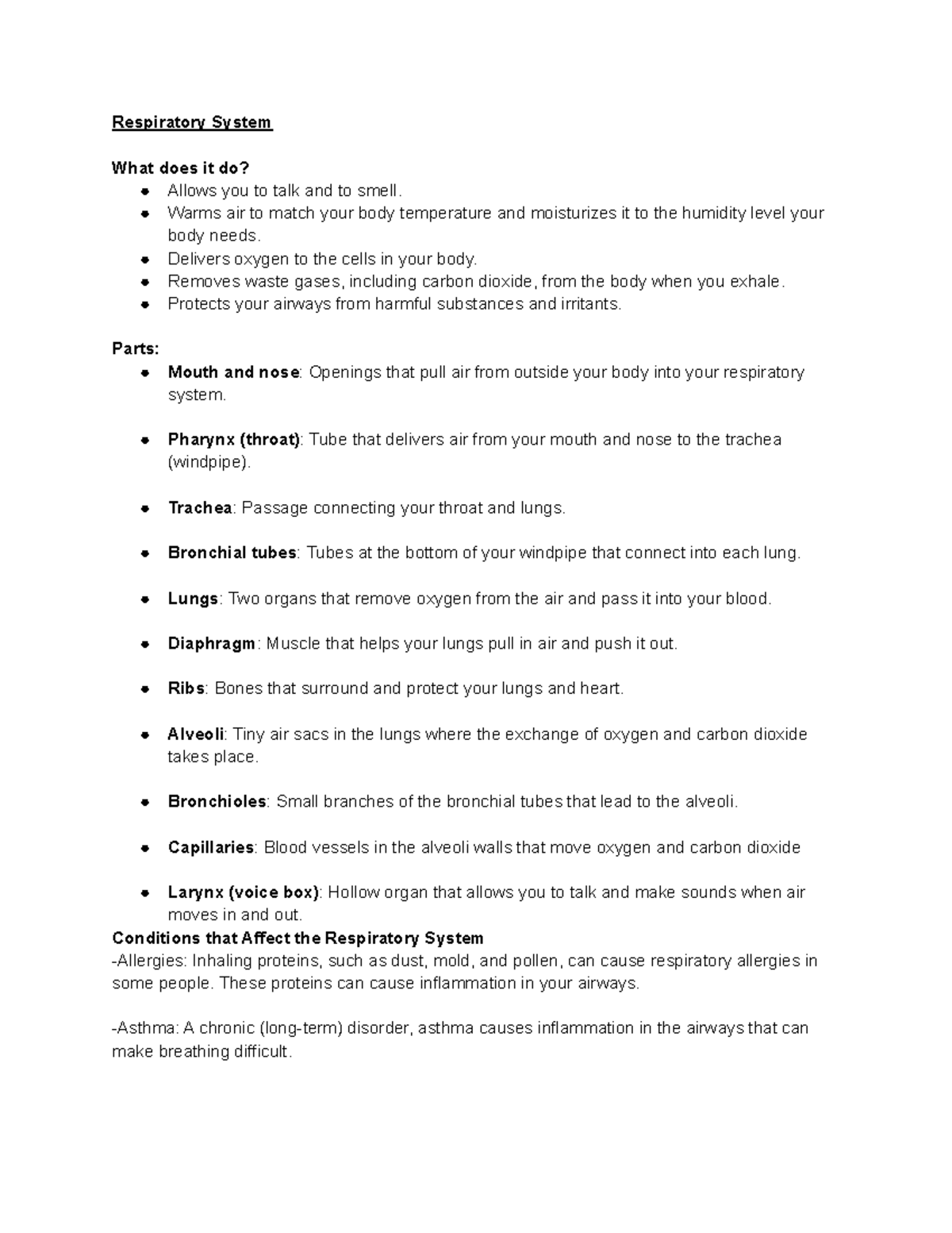 Notes for Respiratory, Digestive and Circulatory System (Grade 10 ...