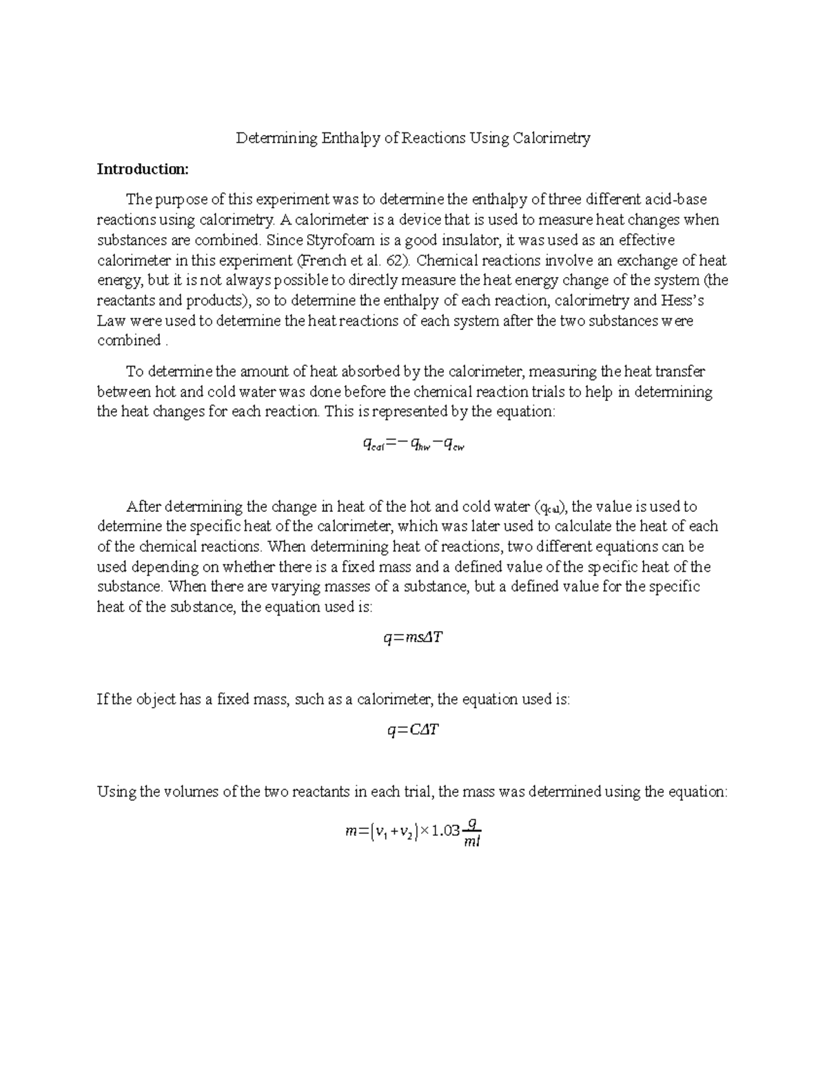 Lab Report Experiment 11 - Determining Enthalpy of Reactions Using ...