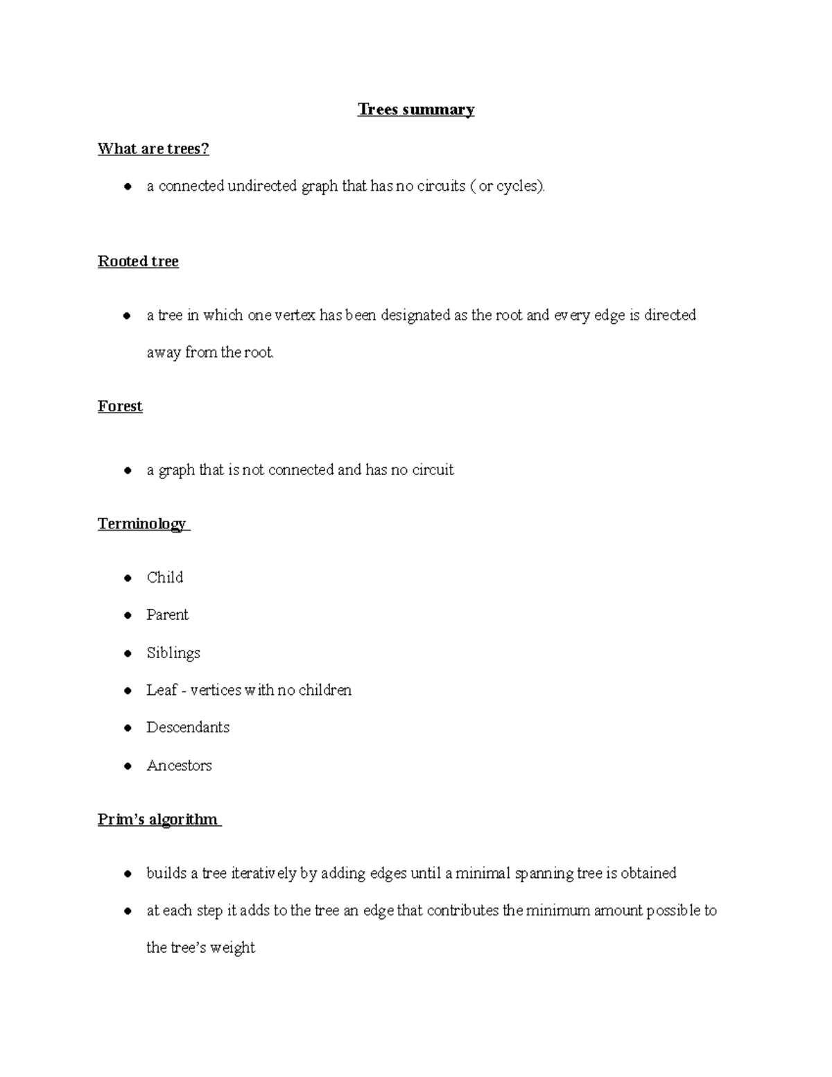 Discrete structures trees summary - Trees summary What are trees? a ...