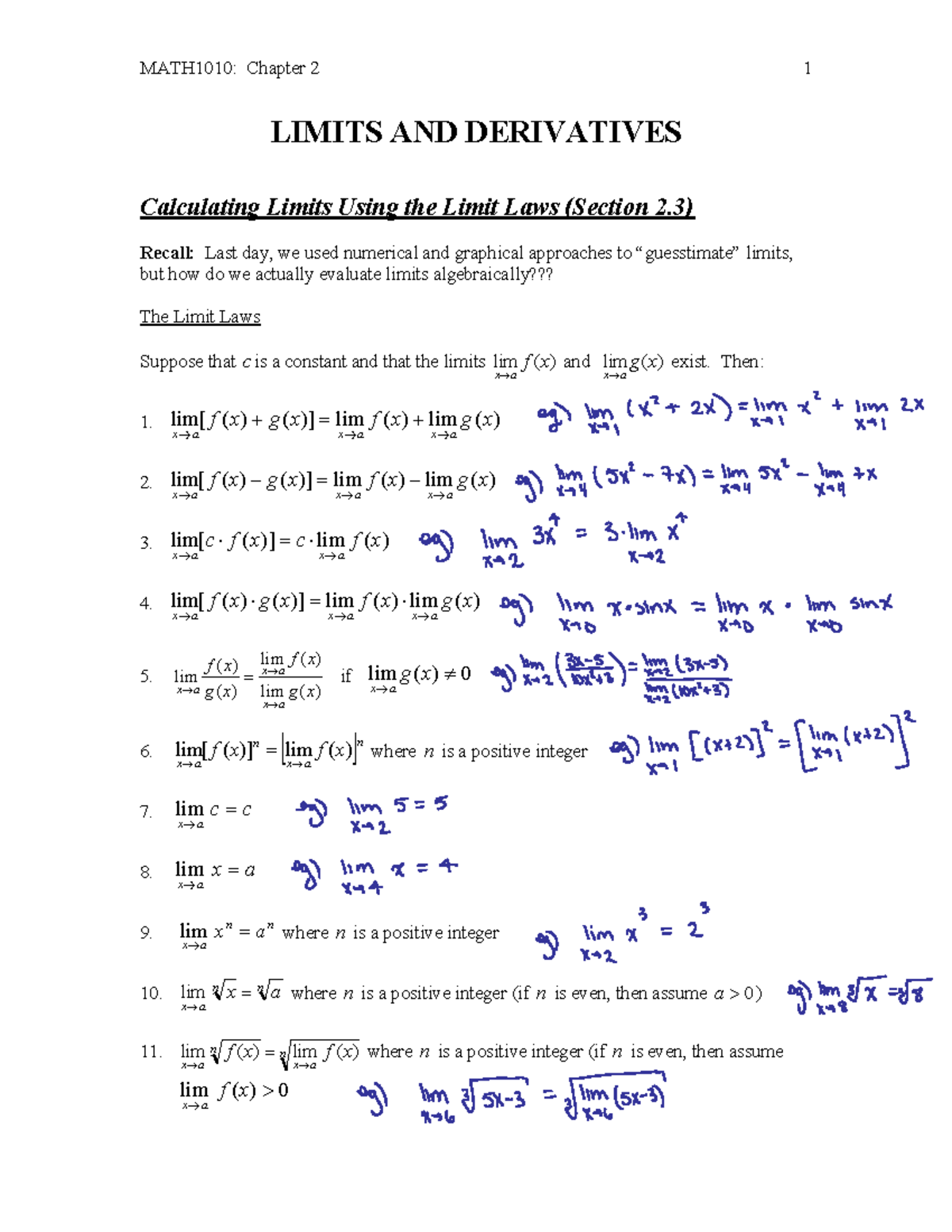 Week 2.1 (2.3, 2 - Lecture note - Practice material - LIMITS AND DERIVATIVES Calculating Limits ...