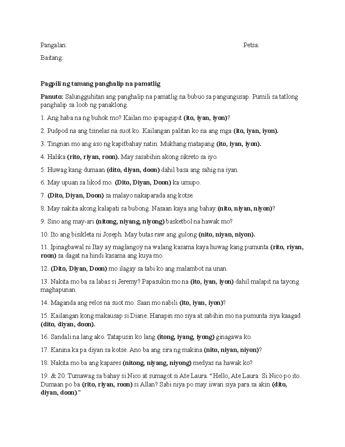 Pagsusulit sa Panghalip Pamatlig 1 - Pangalan: Petsa: Baitang: Pagpili ...