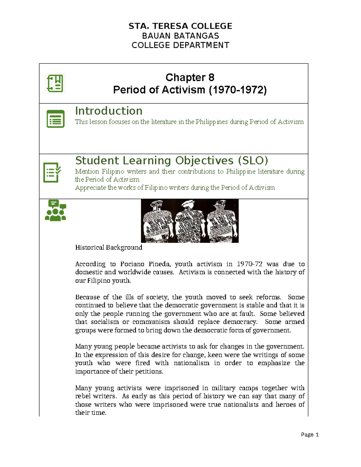 Module 8 Period of Activism 2 - BAUAN BATANGAS COLLEGE DEPARTMENT ...