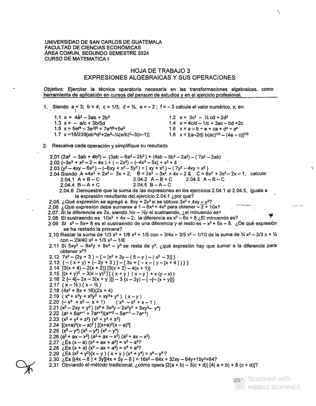 Hoja 3 mate - Hoja de trabajo 3 - UNIVERSIDAD DE SAN CARLOS DE ...