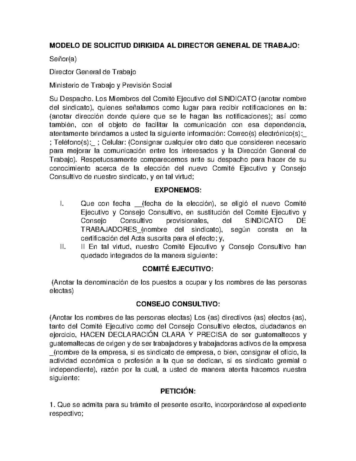 Solicitud DE Personería Juridica - MODELO DE SOLICITUD DIRIGIDA AL DIRECTOR GENERAL DE TRABAJO ...