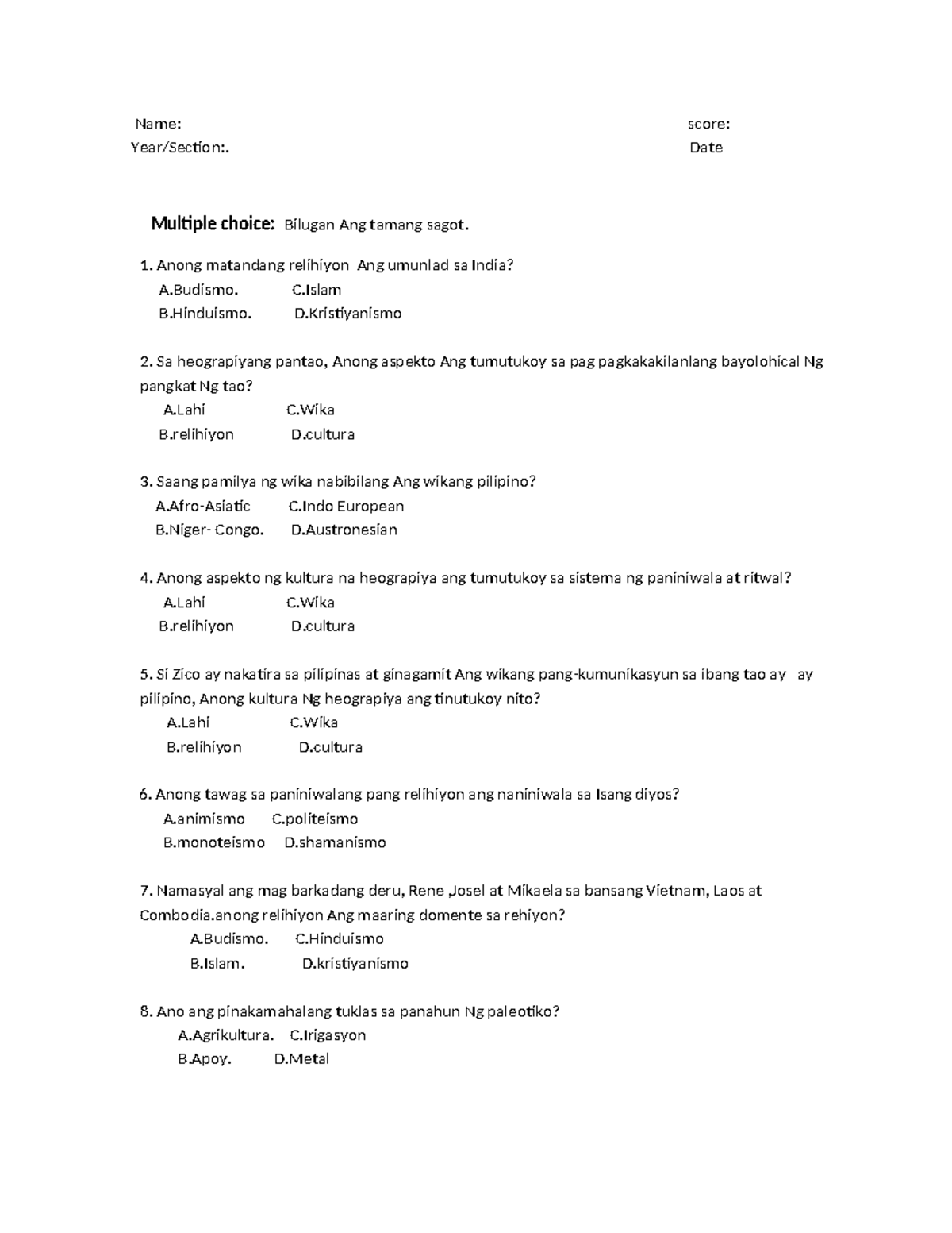 1.multiple choice 20 item-WPS Office - Name: score: Year/Section:. Date ...