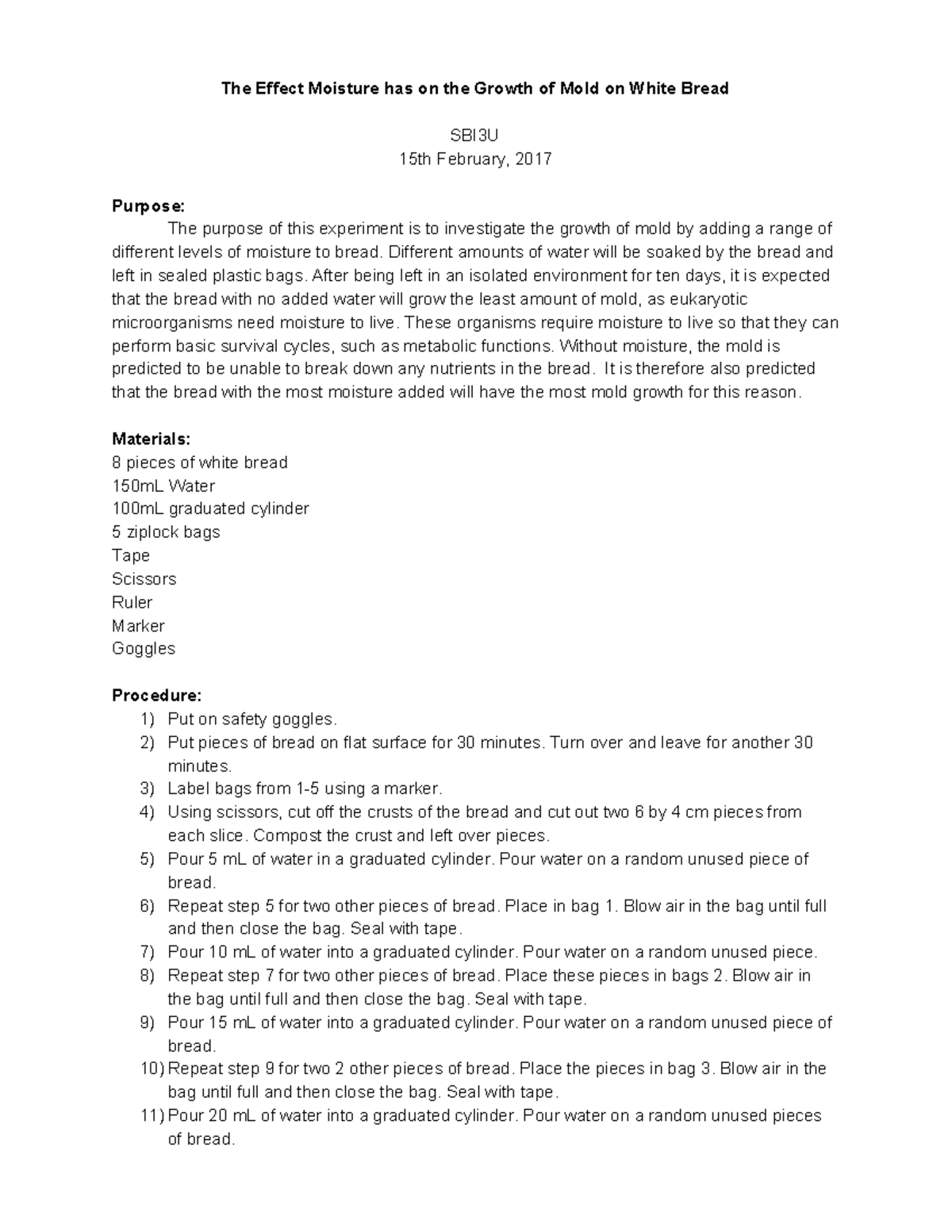 Bread Lab - The Effect Moisture has on the Growth of Mold on White ...
