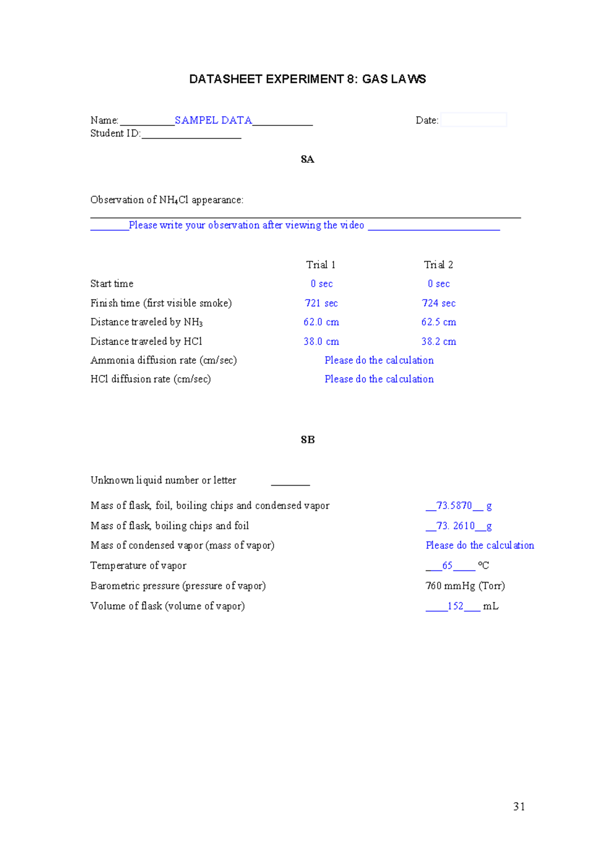 Datasheet Experiment 8 Gas Laws - 31 DATASHEET EXPERIMENT 8: GAS LAWS ...