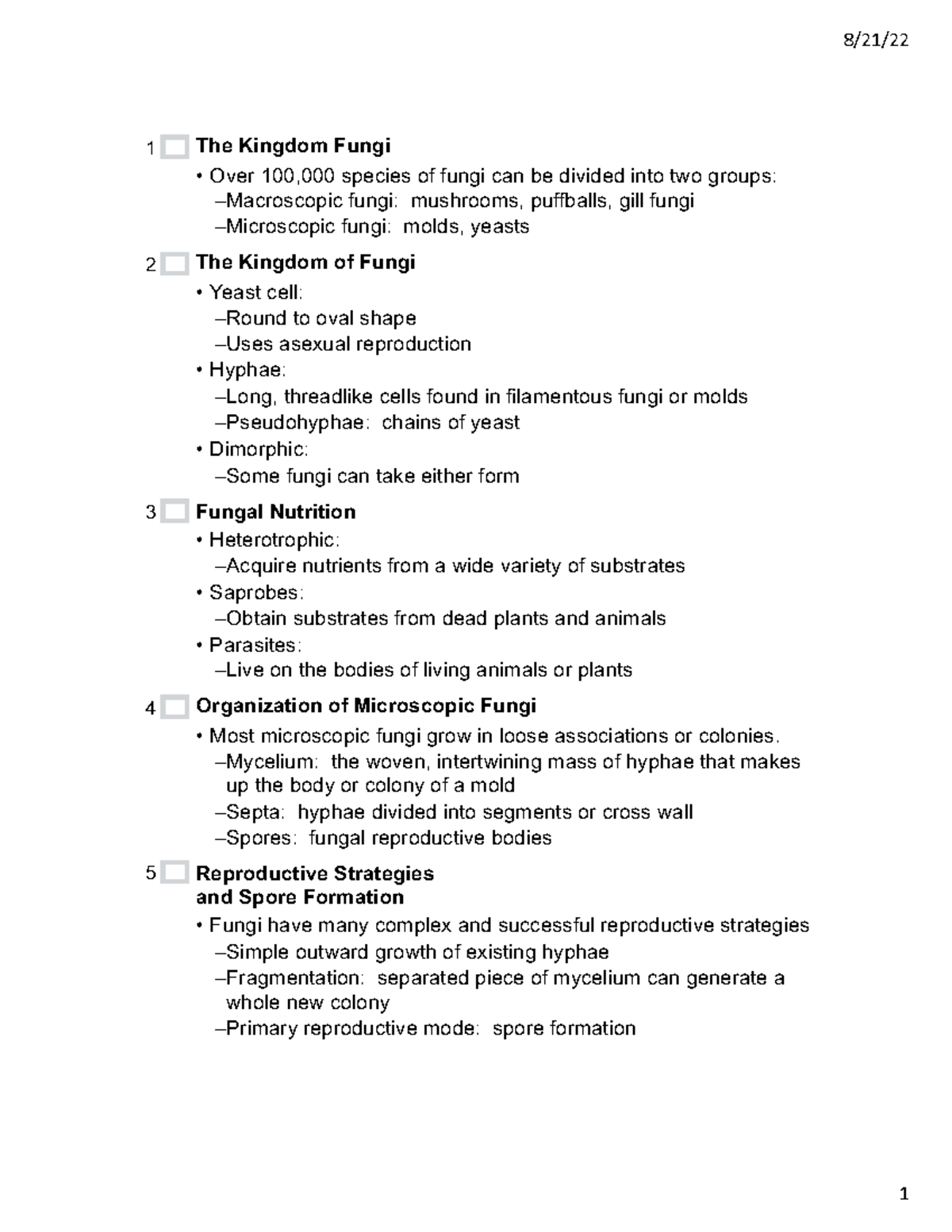 Ch 5 Lecture Notes - 8/21/ 1 The Kingdom Fungi " Over 100,000 species ...