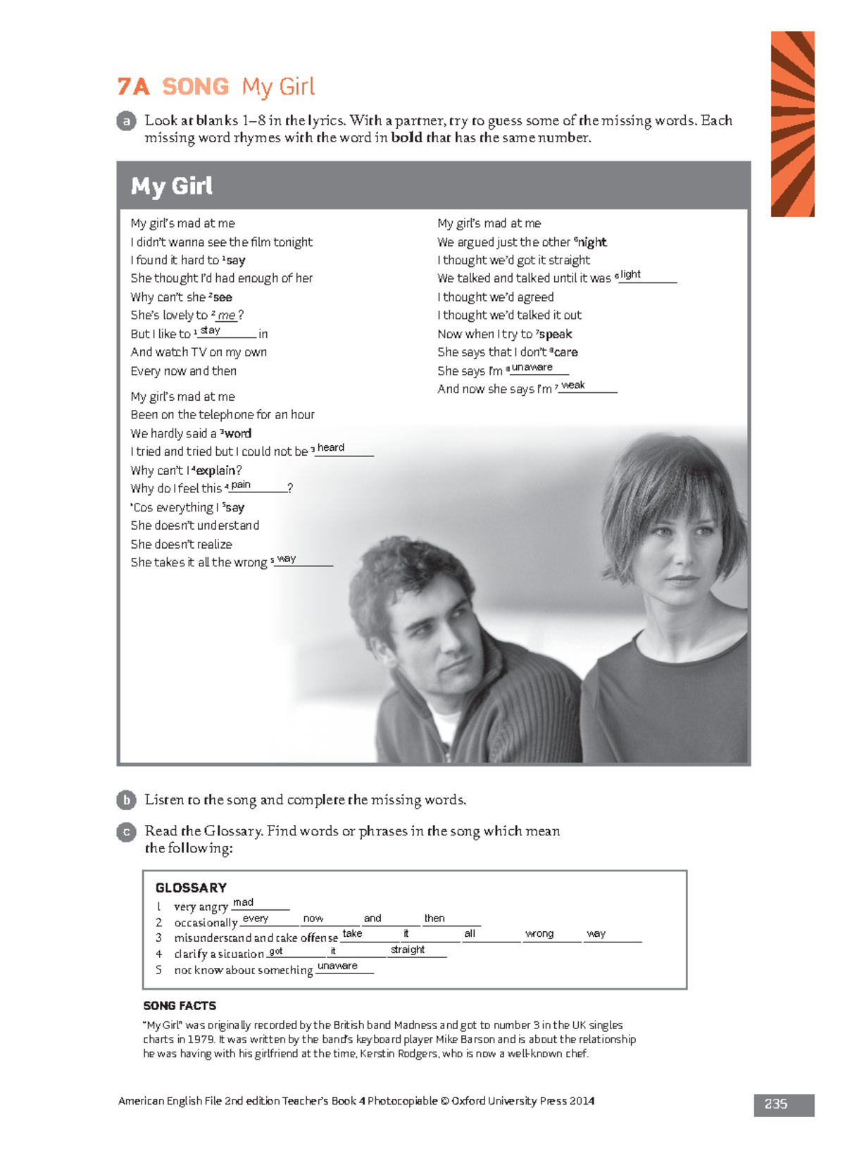 7A my girl song Adv1-Worksheet completed - American English File 2nd ...