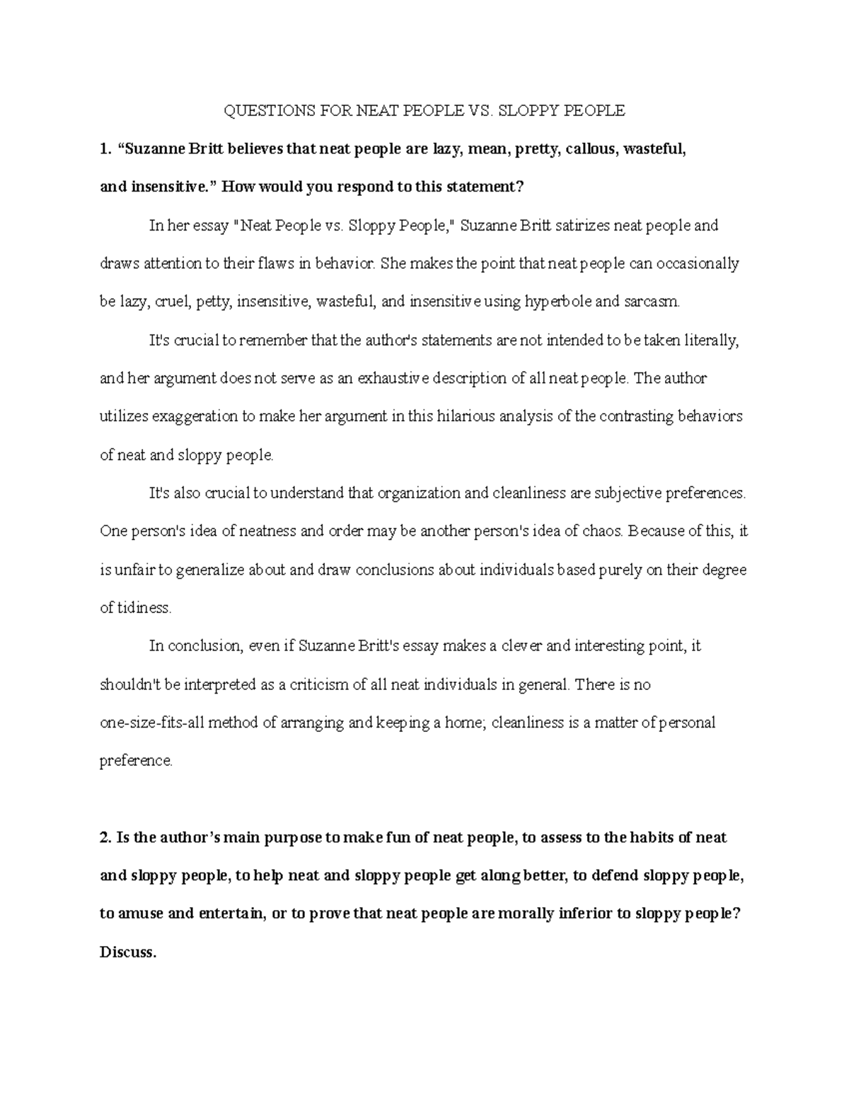 Questions FOR NEAT People VS. Sloppy People-1 - QUESTIONS FOR NEAT ...