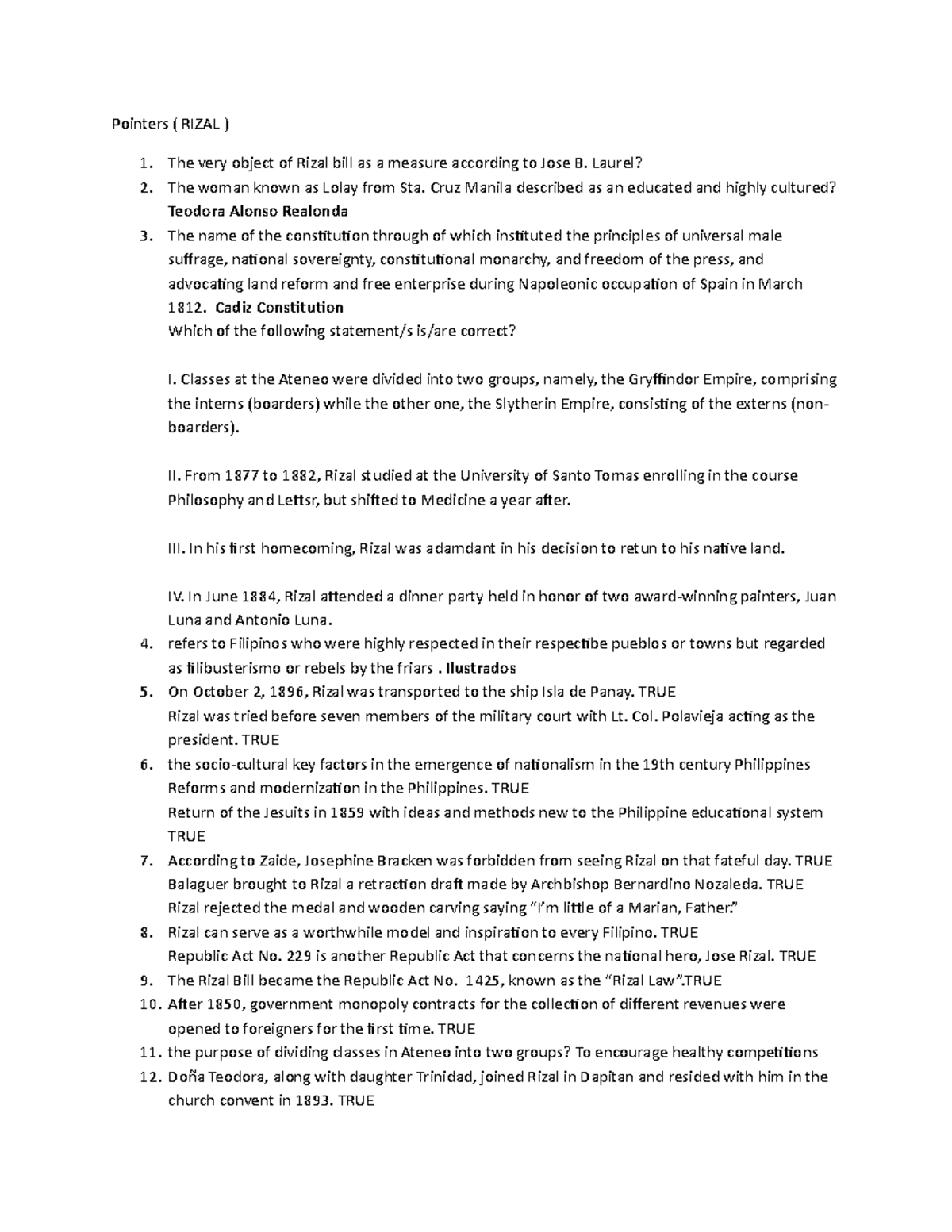 Pointers- Rizal - Ok lng yan HAHAHA - Pointers ( RIZAL ) The very object of Rizal bill as a ...