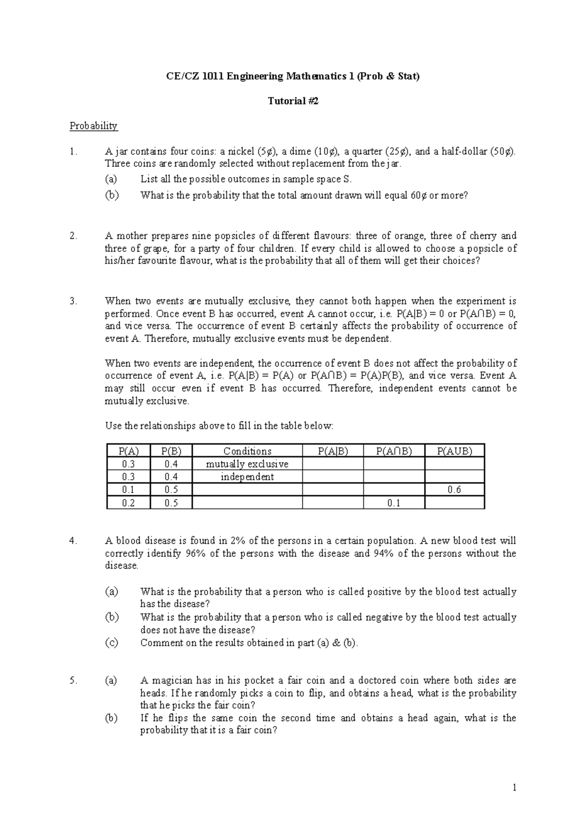 Tutorial 6 -Probability - 1 CE/CZ 1011 Engineering Mathematics 1 (Prob ...