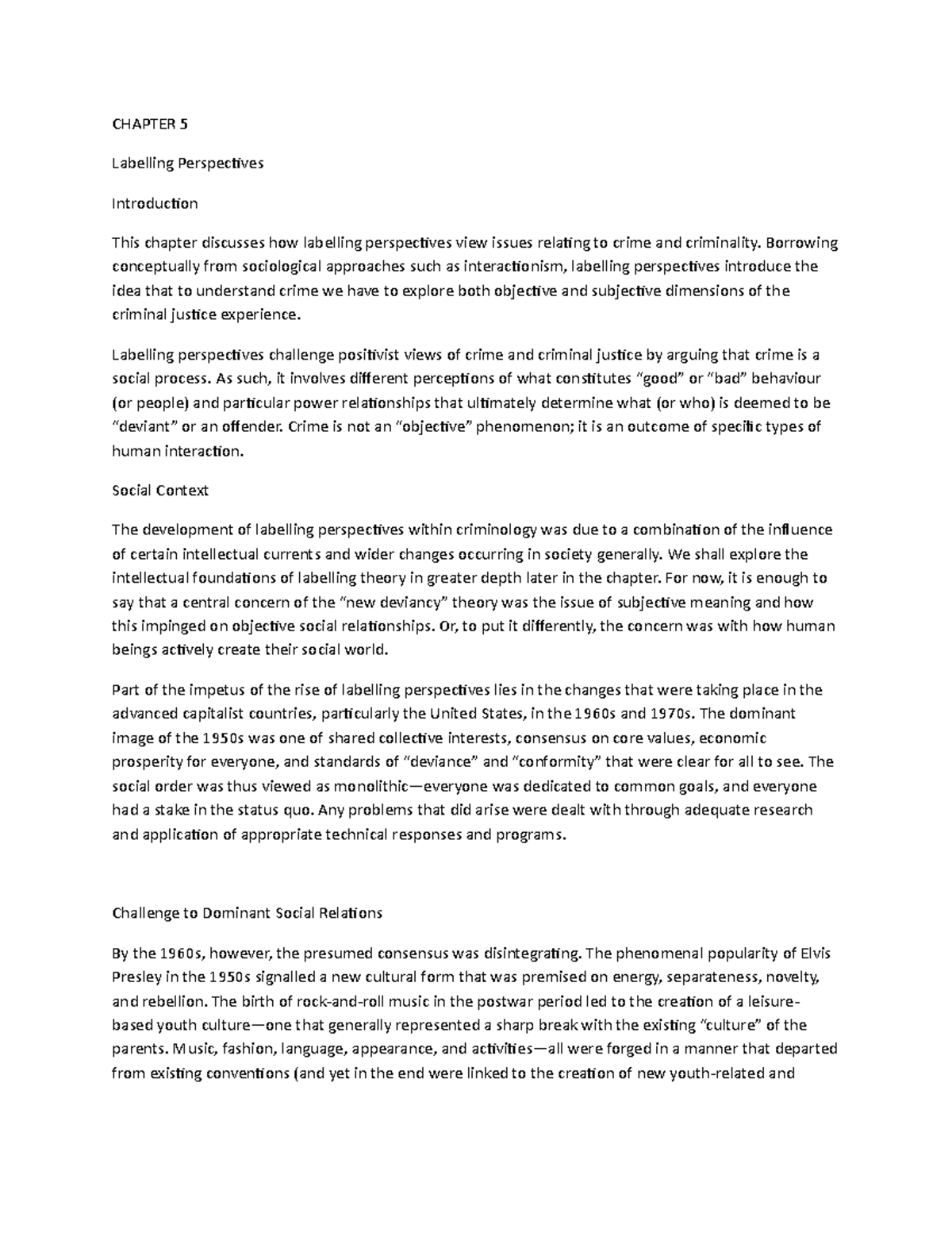 Chapter 5 intro to criminology - CHAPTER 5 Labelling Perspectives ...