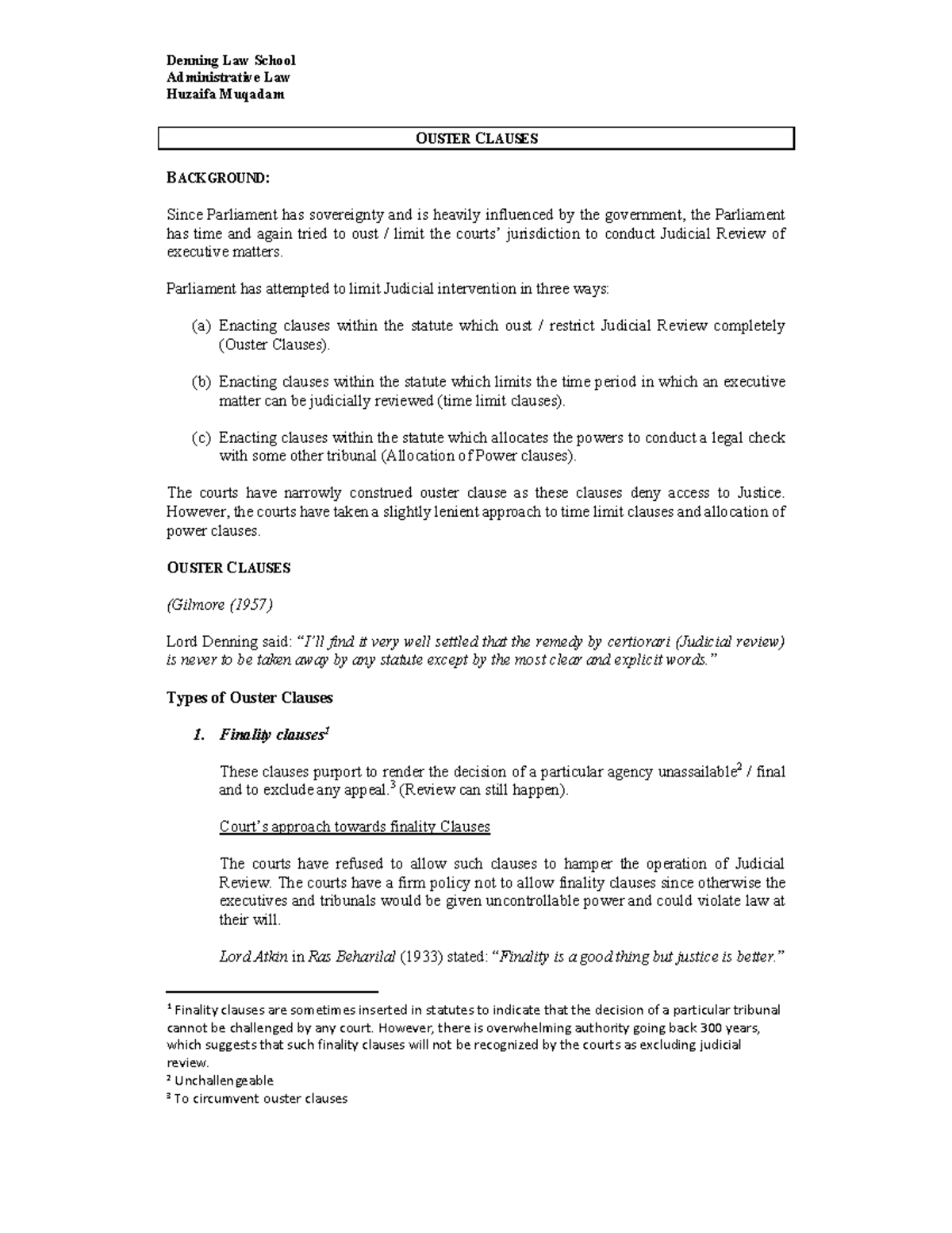 Admin Law Lecture 3 Ouster Clauses - Administrative Law Huzaifa Muqadam ...