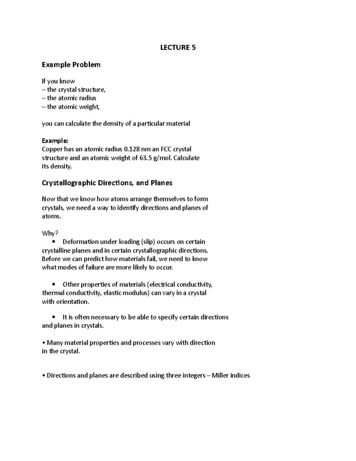 Lecture 5 - Crystallographic Directions and Planes - LECTURE 5 Example Problem If you know the ...