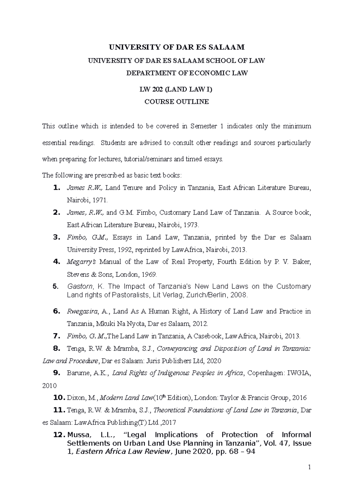 LW 202 (LAND LAW I) Course Outline november 2023 - UNIVERSITY OF DAR ES ...