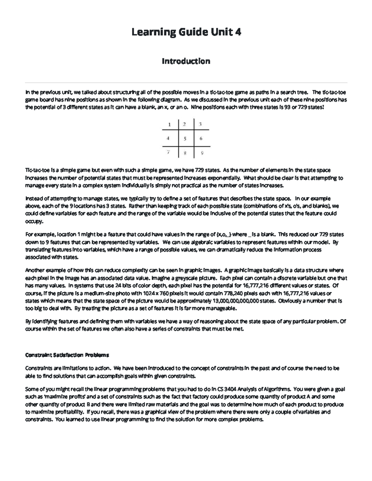 Learning Guide Unit 4 Introduction - The tic-tac-toe game board has nine positions as shown in ...