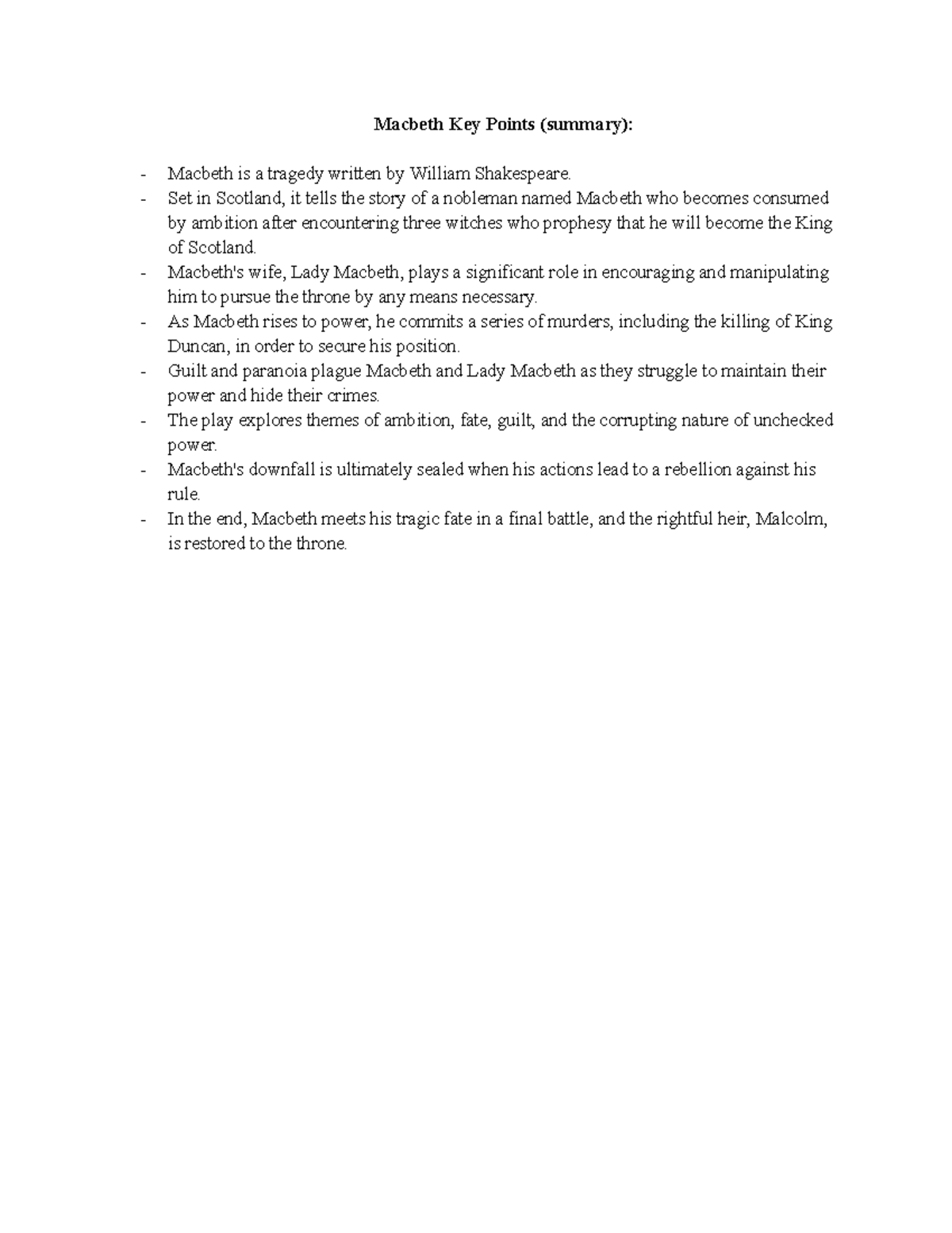 Macbeth (summary) - Google Docs - Macbeth Key Points (summary): Macbeth ...