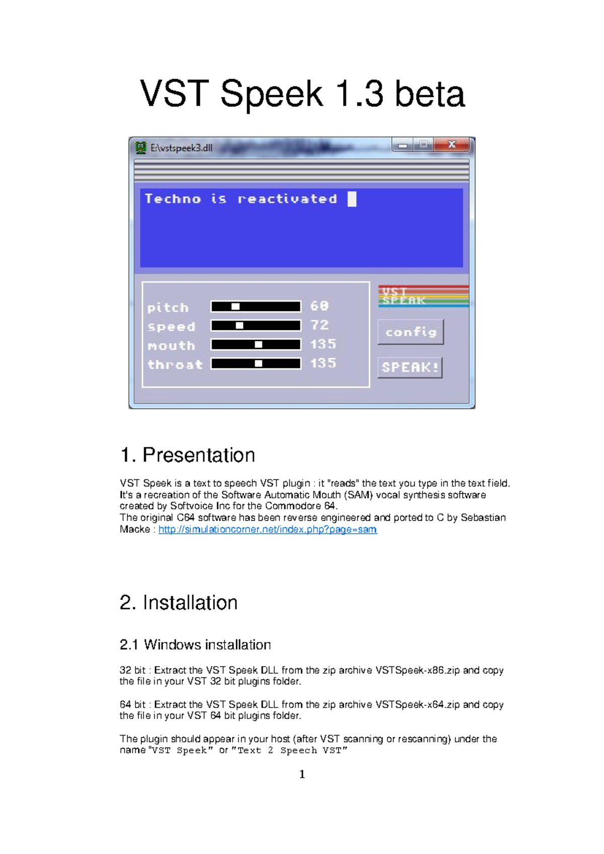 Dokumentacja aplikacji - VST Speek 1 beta 1. Presentation VST Speek is ...