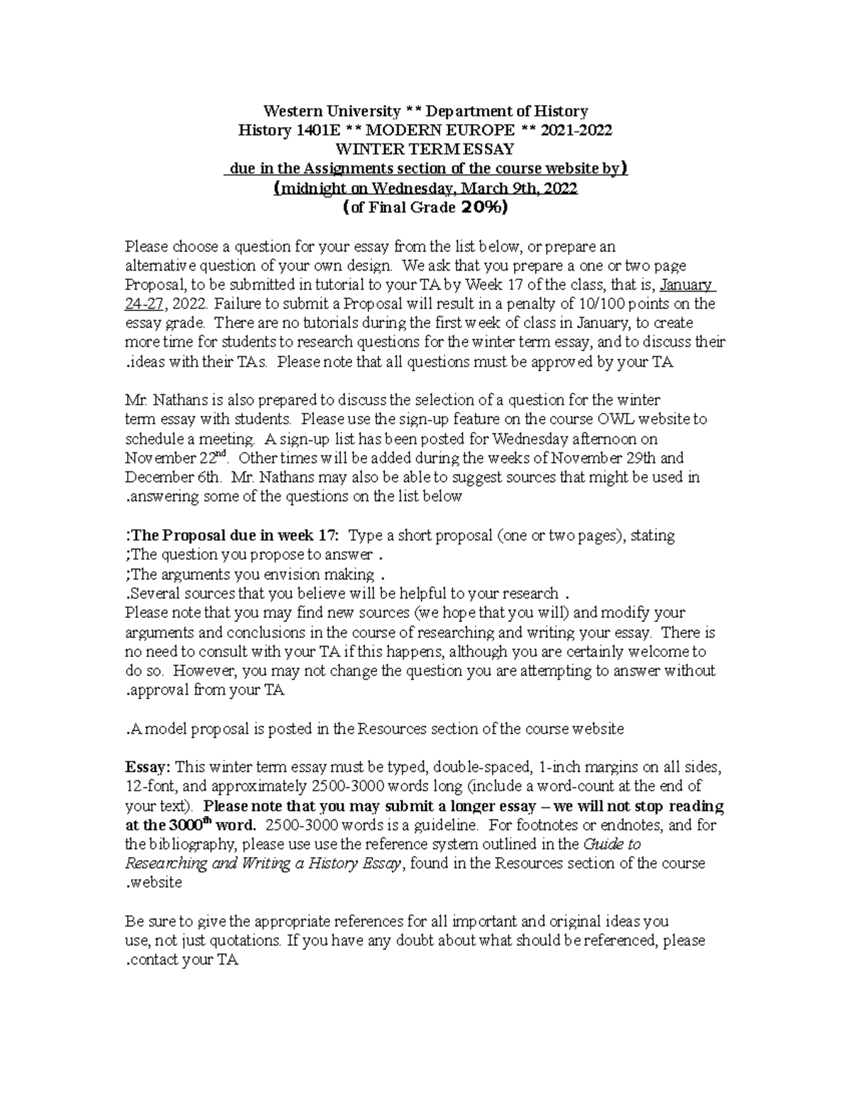 History 1401E Winter Term Essay Assignment Guidelines and Proposed ...
