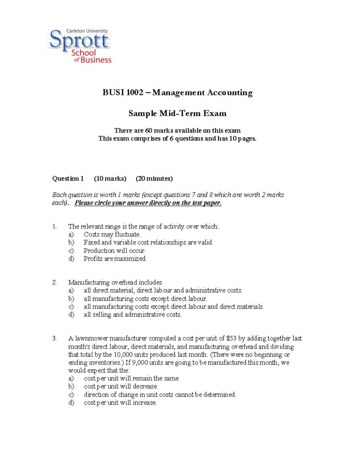 Test 2014, questions and answers - BUSI 1002 – Management Accounting ...