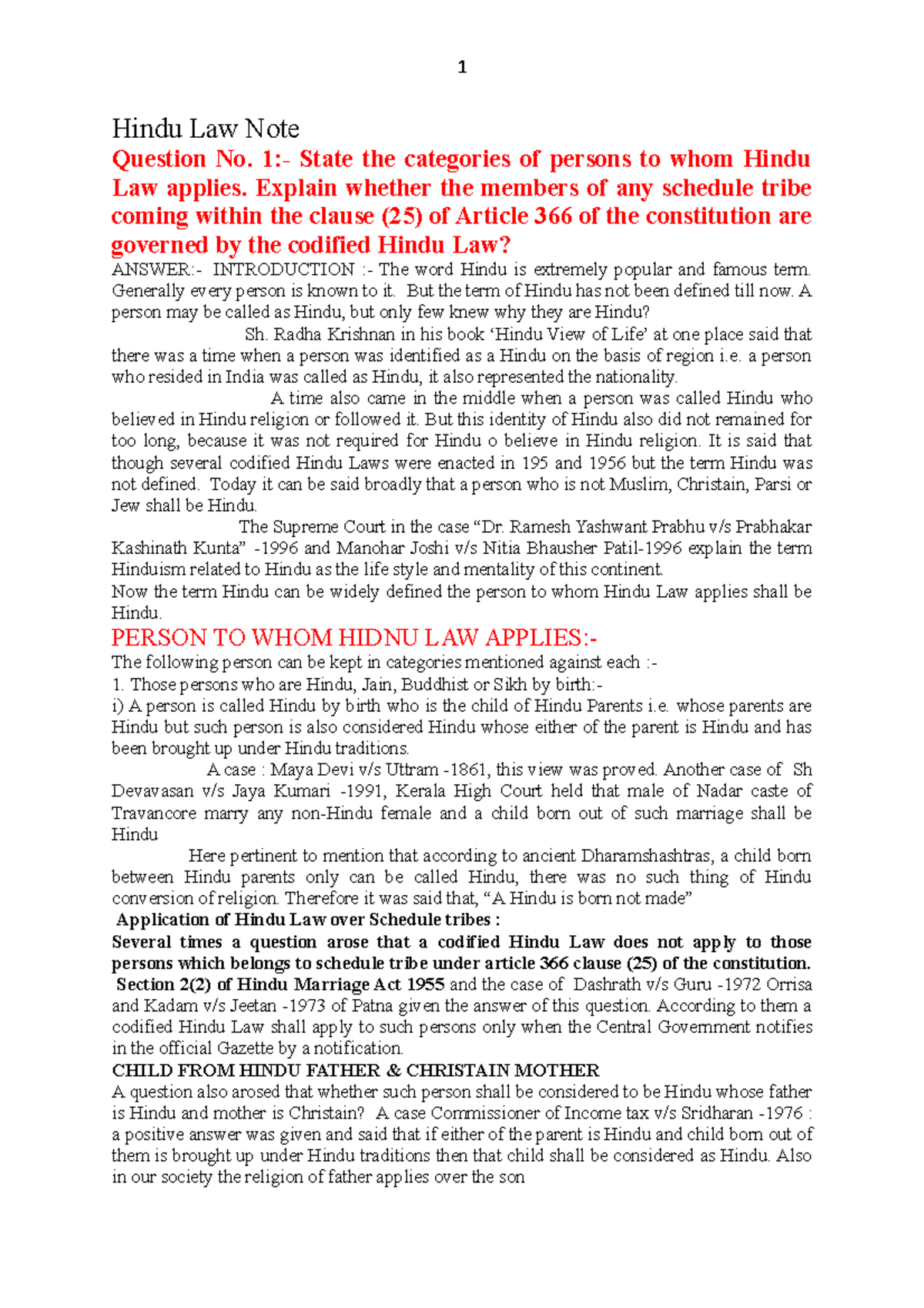 Hindu Law -k - Hindu Law Note Question No. 1:- State the categories of ...