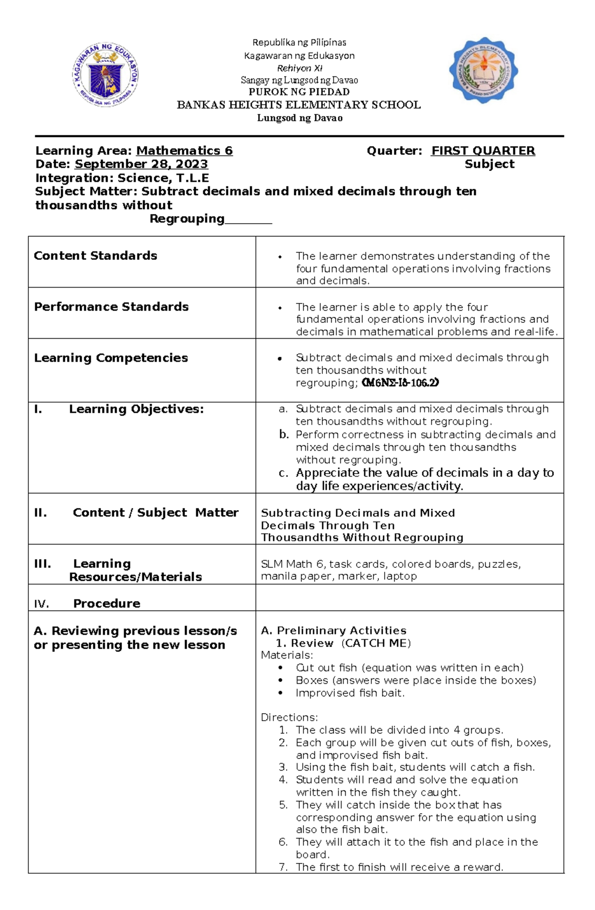 CO1 Lesson PLAN IN MATH - Republika ng Pilipinas Kagawaran ng Edukasyon ...