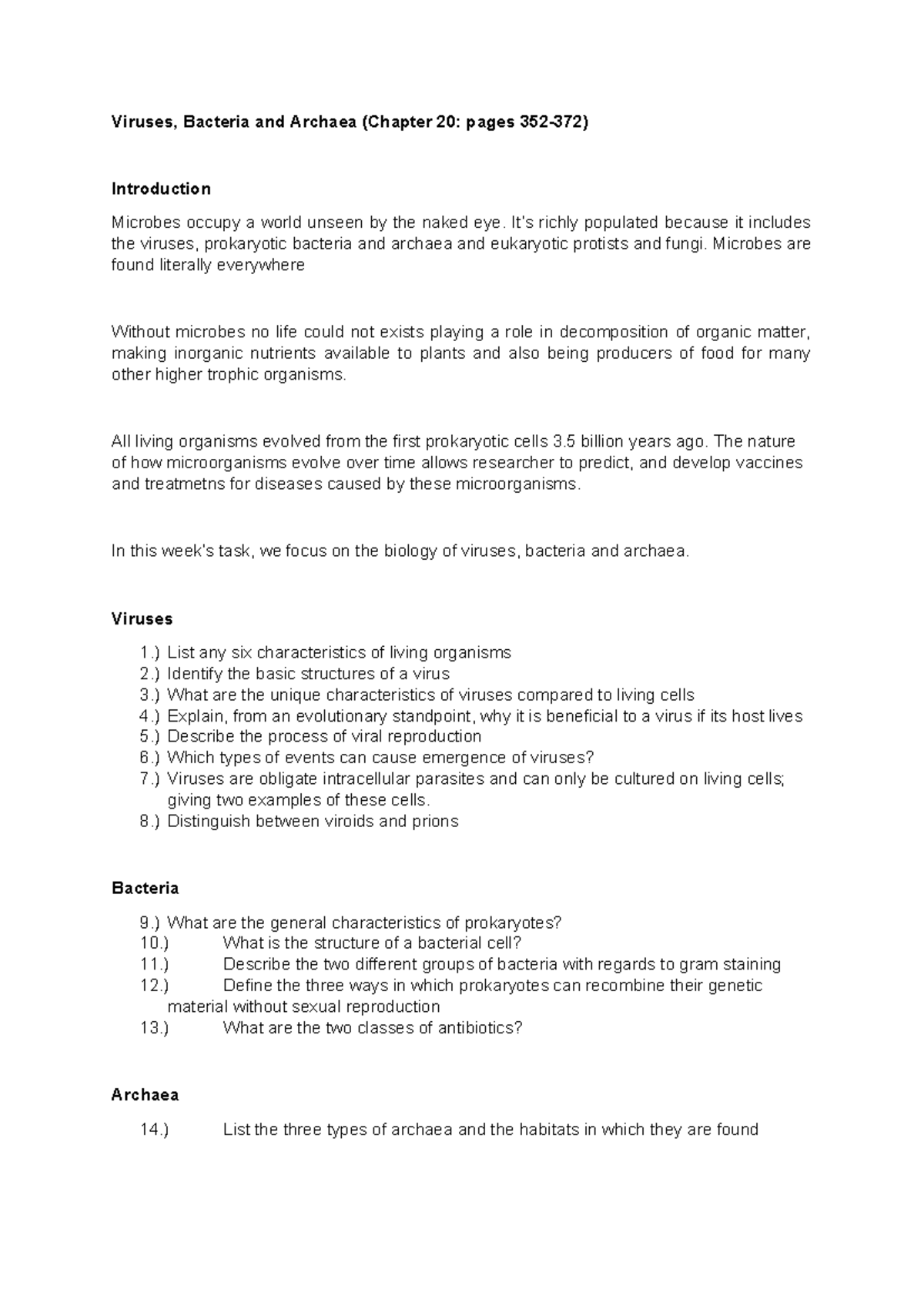 Week 1 Task Viruses Bacteria and Archaea 1 pg 352-373 - Viruses ...