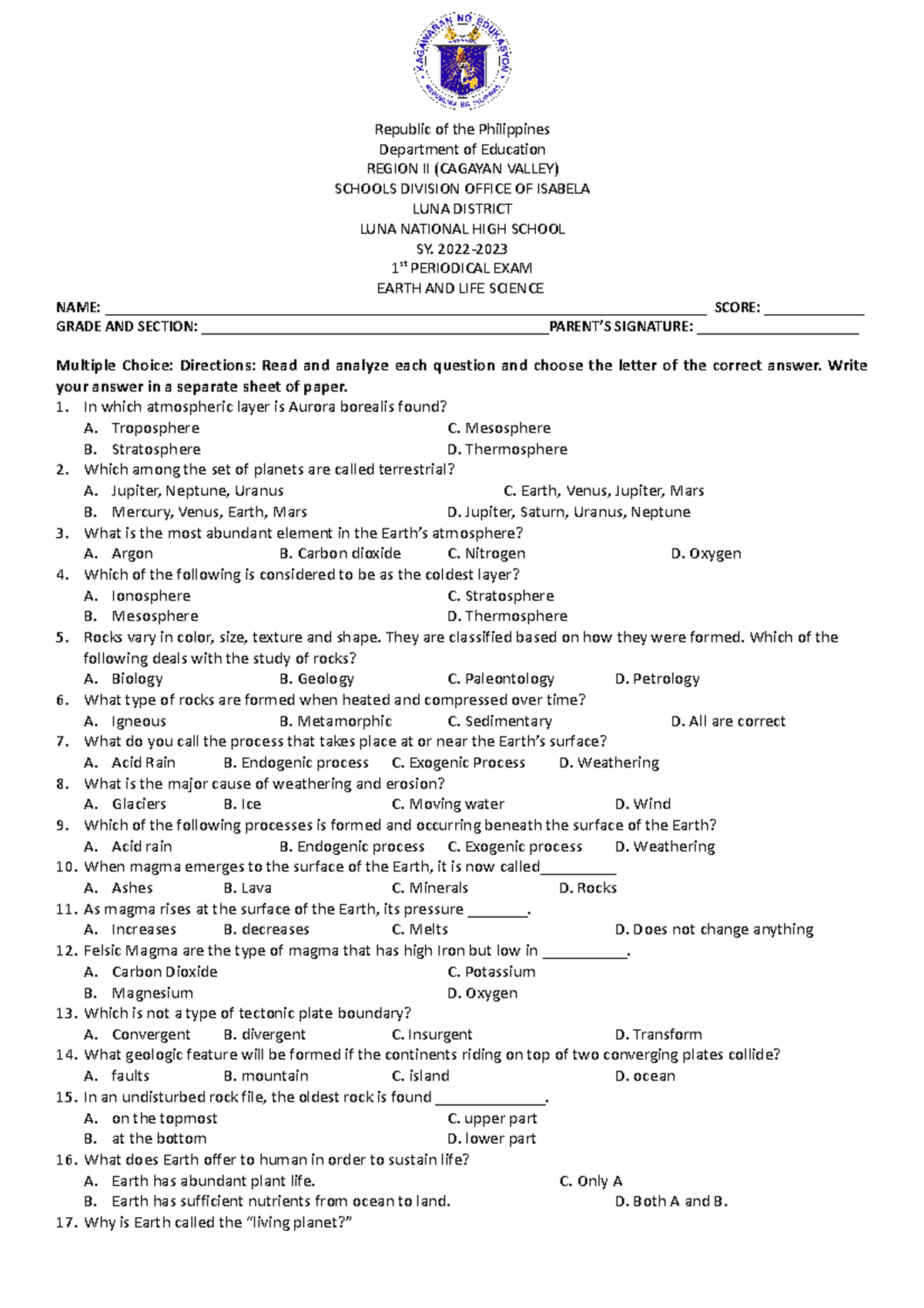 2023 1ST Periodical EXAM IN Earth AND LIFE Science - Republic of the ...