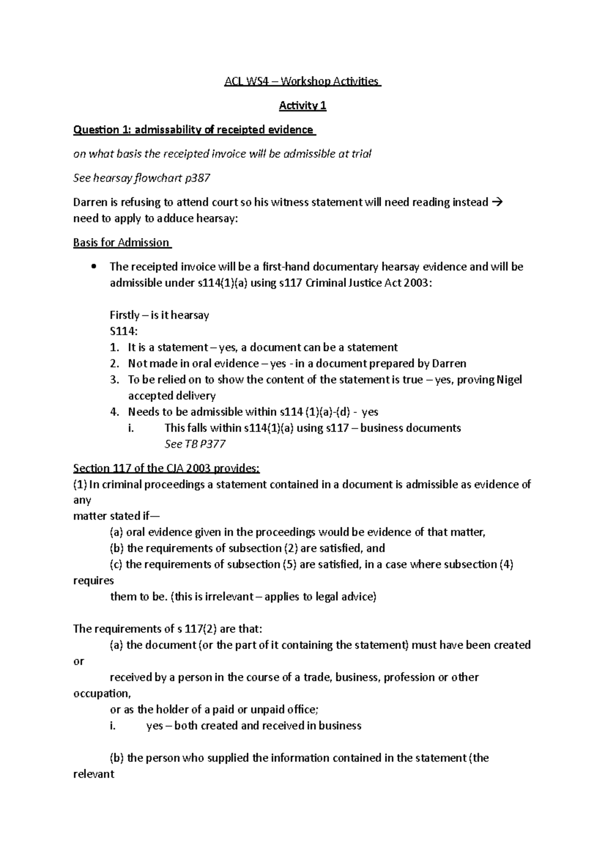 ACL WS4 - WS Activities - ACL WS4 – Workshop Activities Activity 1 Question 1: admissability of ...