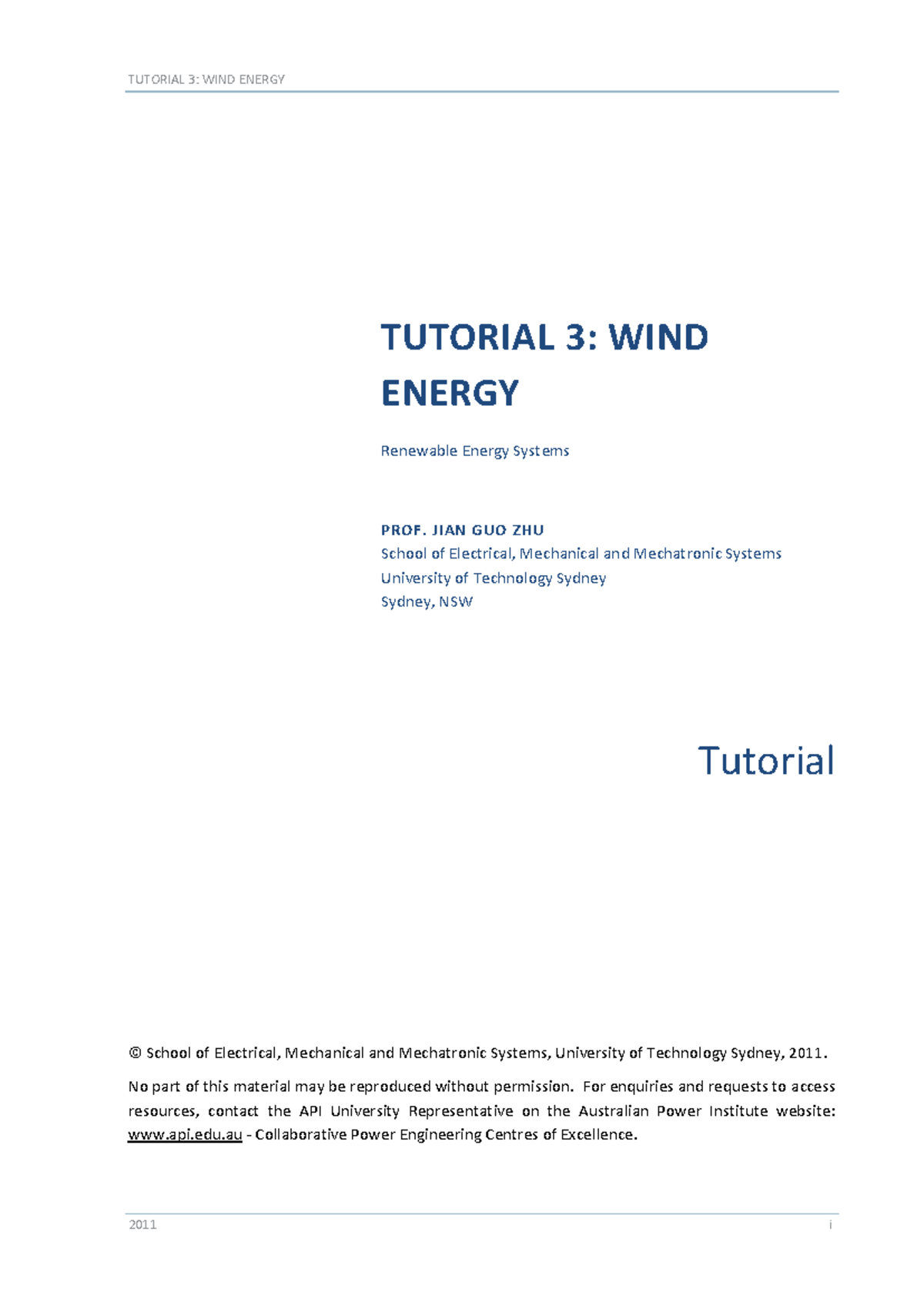 RES Tutorial 3 Wind Energy - TUTORIAL 3: WIND ENERGY 2011 i TUTORIAL 3 ...
