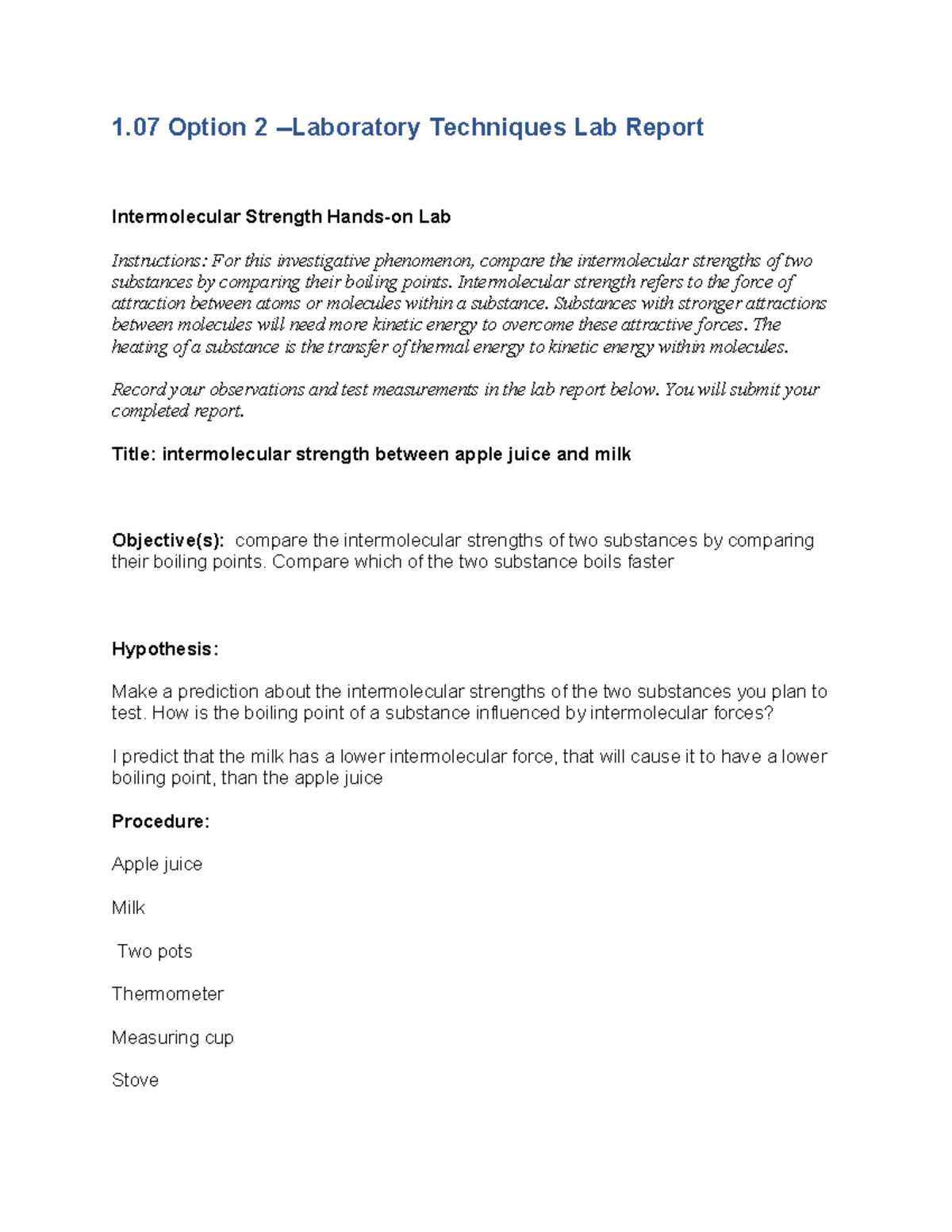 01.07 Lab technique - 1 Option 2 -Laboratory Techniques Lab Report ...