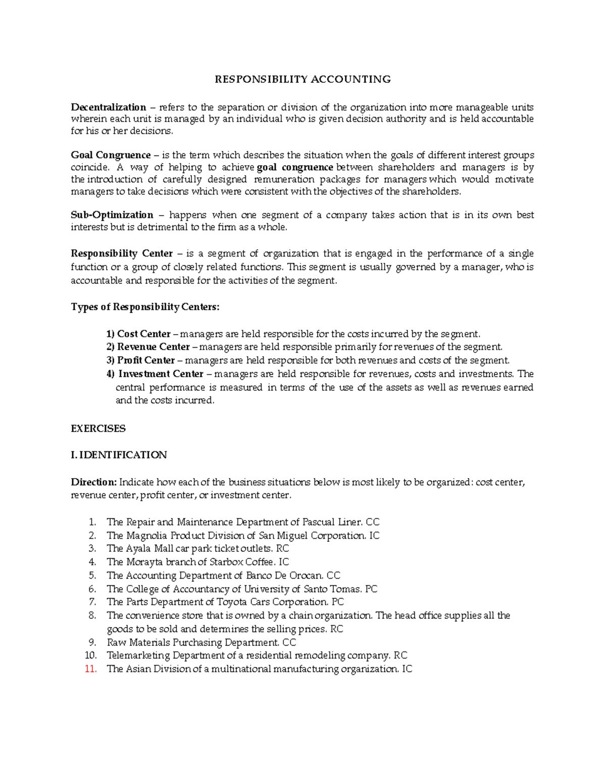 Responsibility Accounting - RESPONSIBILITY ACCOUNTING Decentralization ...