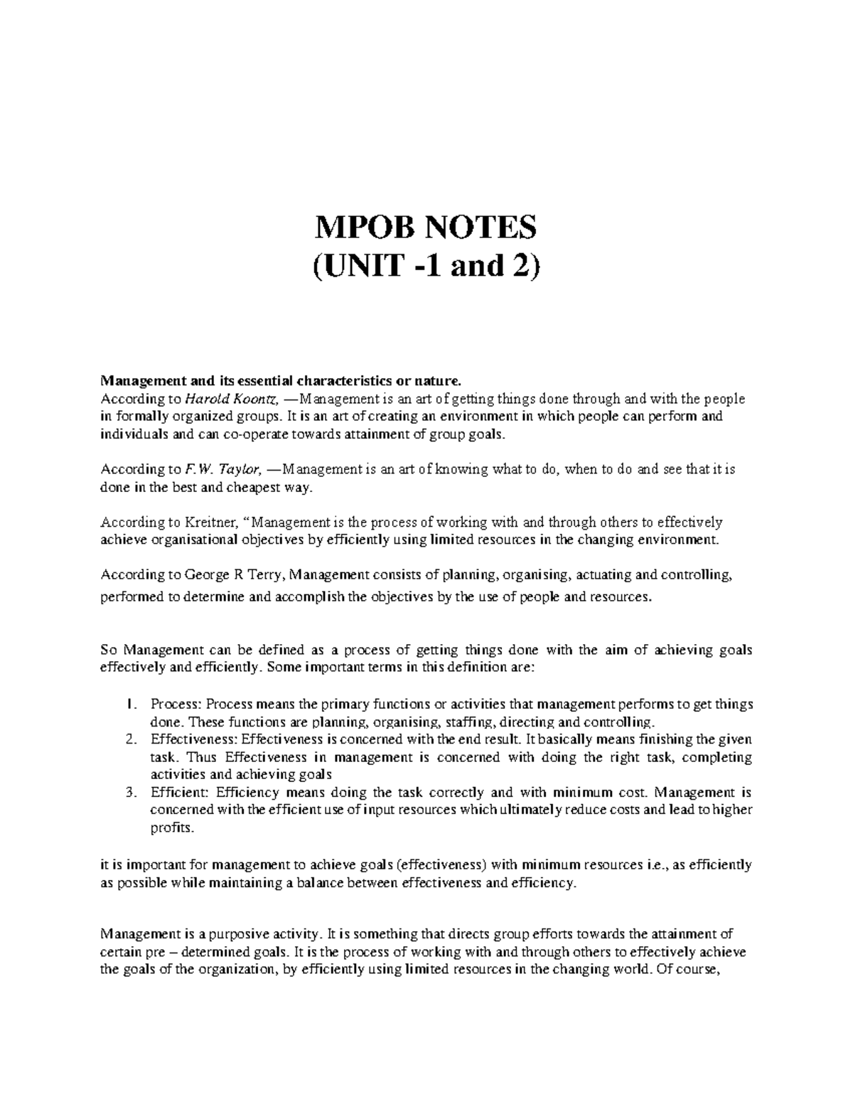 Unit 1MPOB - MPOB NOTES (UNIT - 1 and 2) Management and its essential ...